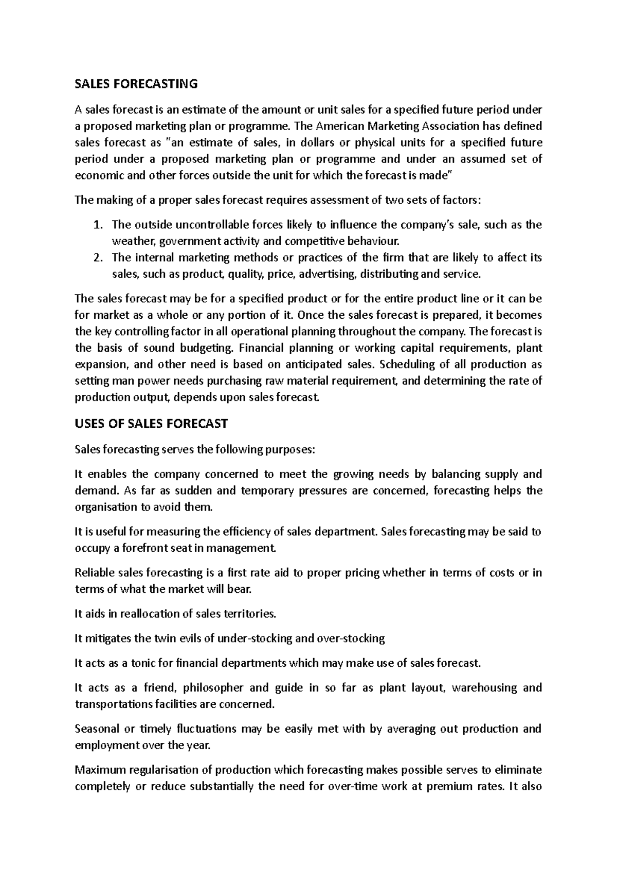 Sales Forecasting - SALES FORECASTING A sales forecast is an estimate ...