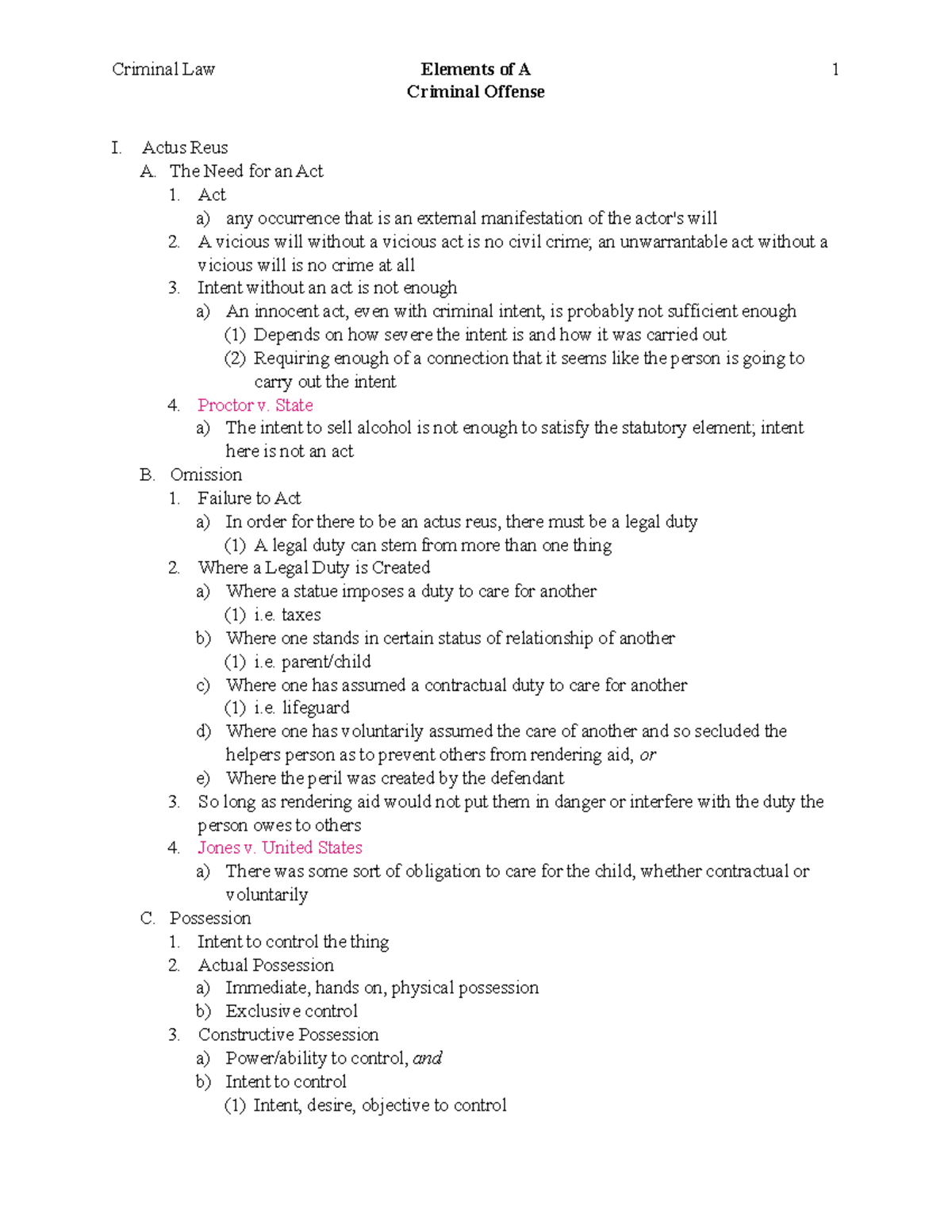 Criminal Offense Elements Outline - Criminal Offense I. Actus Reus A ...
