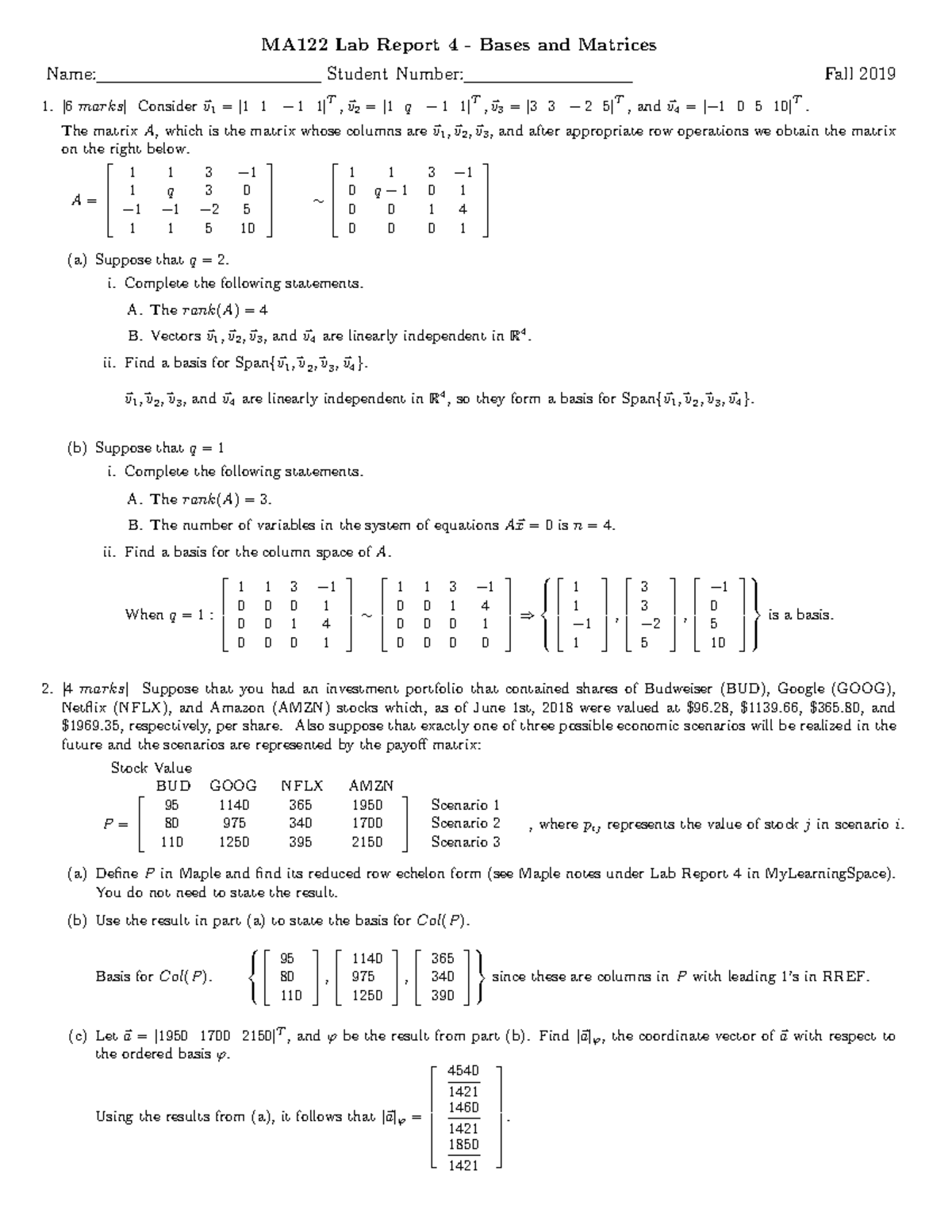 Assignment Lab 4Soln - MA122 Lab Report 4 - Bases and Matrices Name ...