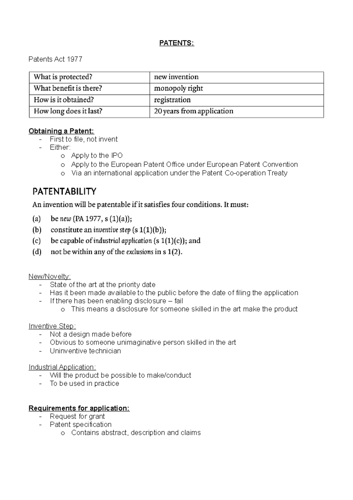 Patents Revision - PATENTS: Patents Act 1977 Obtaining a Patent ...