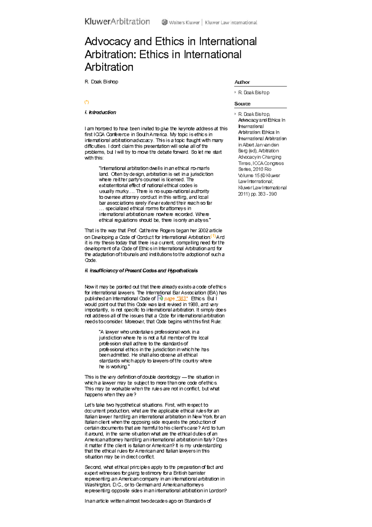Ethics in International Arbitration Doak Bishop - Author R. Doak Bishop ...