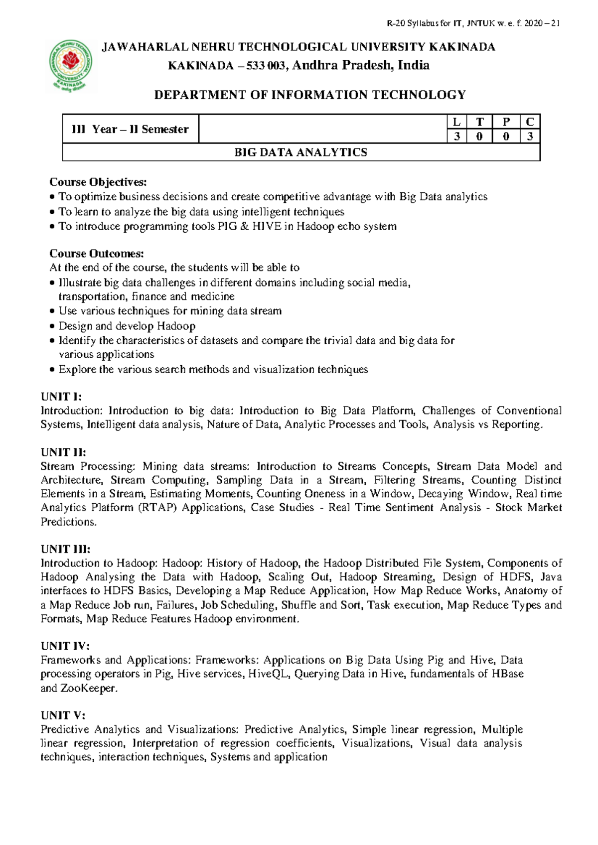 BDA R20 21NM - Summary Big Data Analytics - R- 20 Syllabus for IT ...