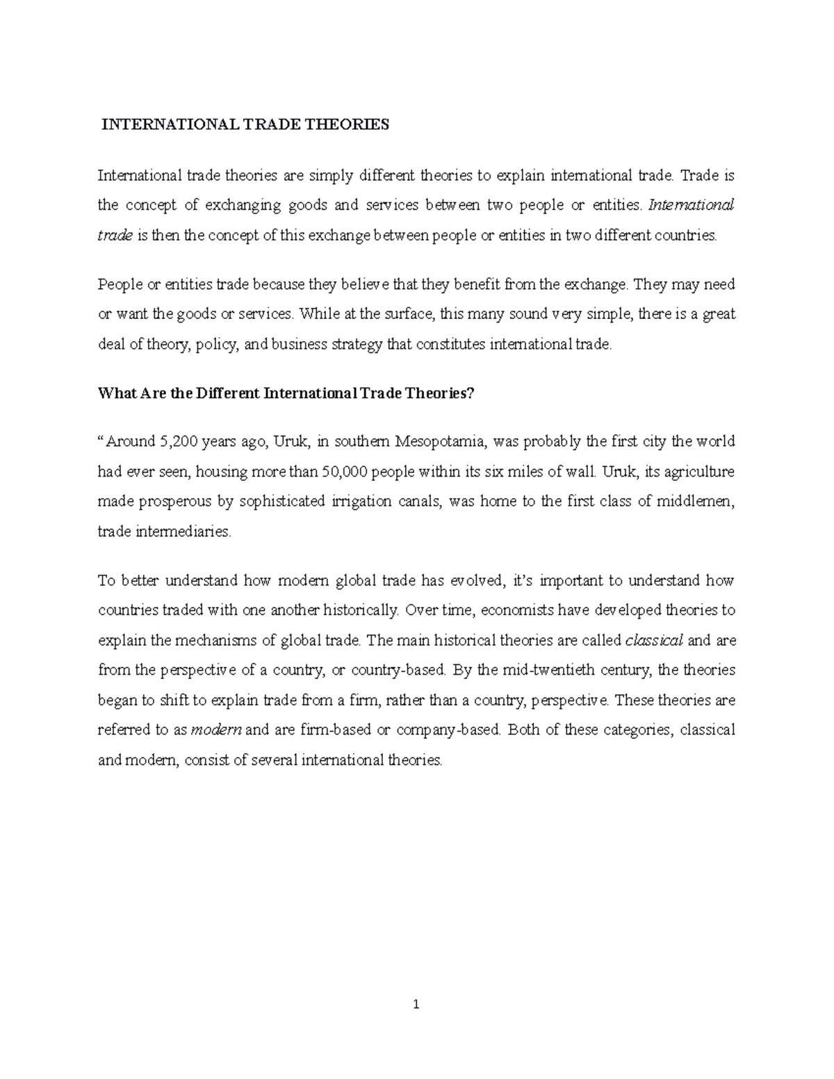 Lecture 10 Trade Theories notes - INTERNATIONAL TRADE THEORIES ...