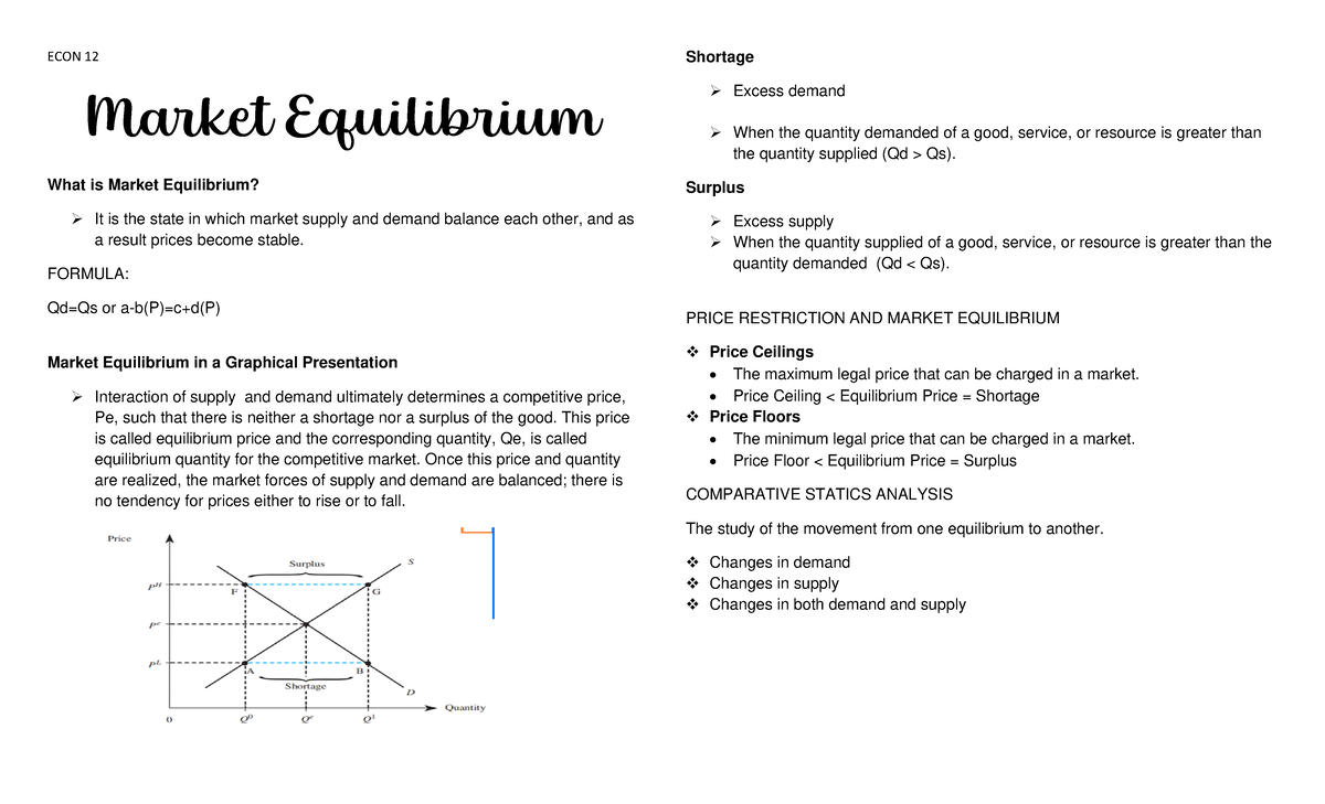 Economics 12 - NOTES ON ECON 12 - ECON 12 Market Equilibrium What is ...