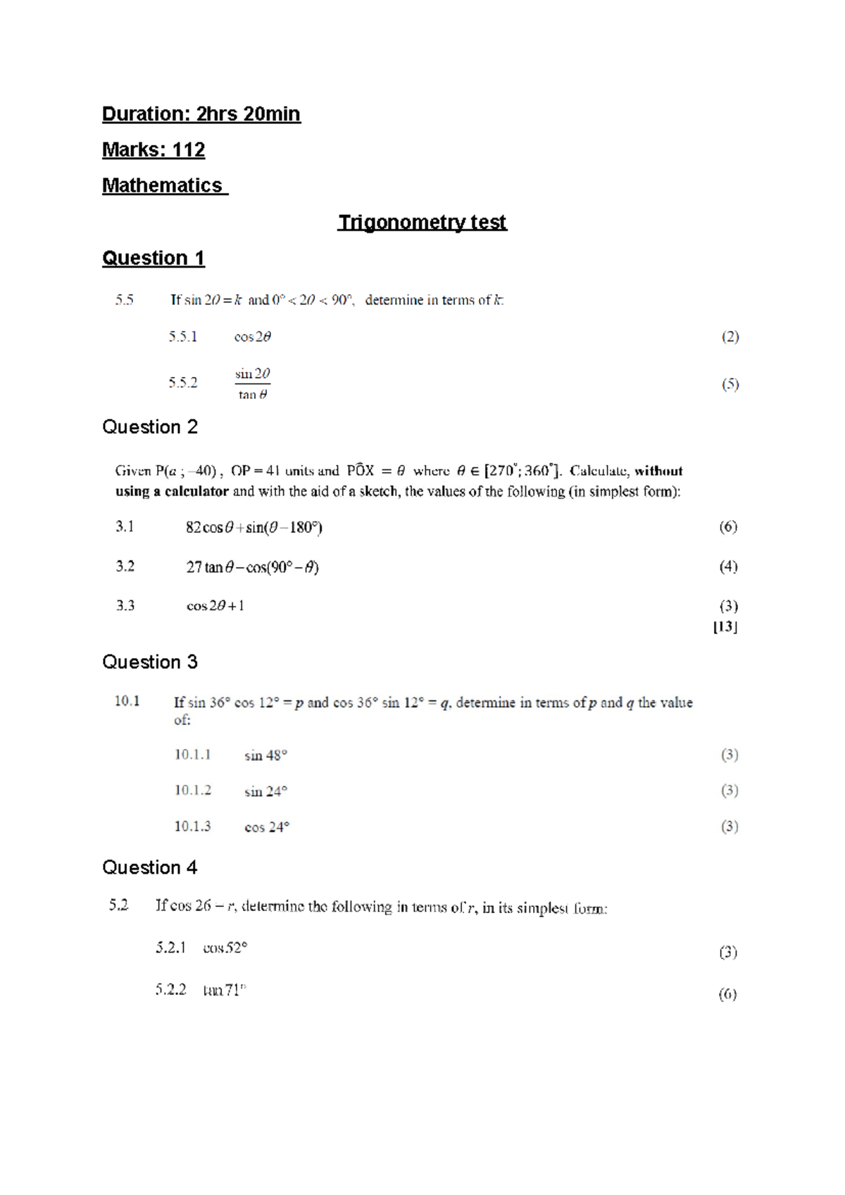 TRIG TEST Grade 12 - Duration: 2hrs 20min Marks: 112 Mathematics ...