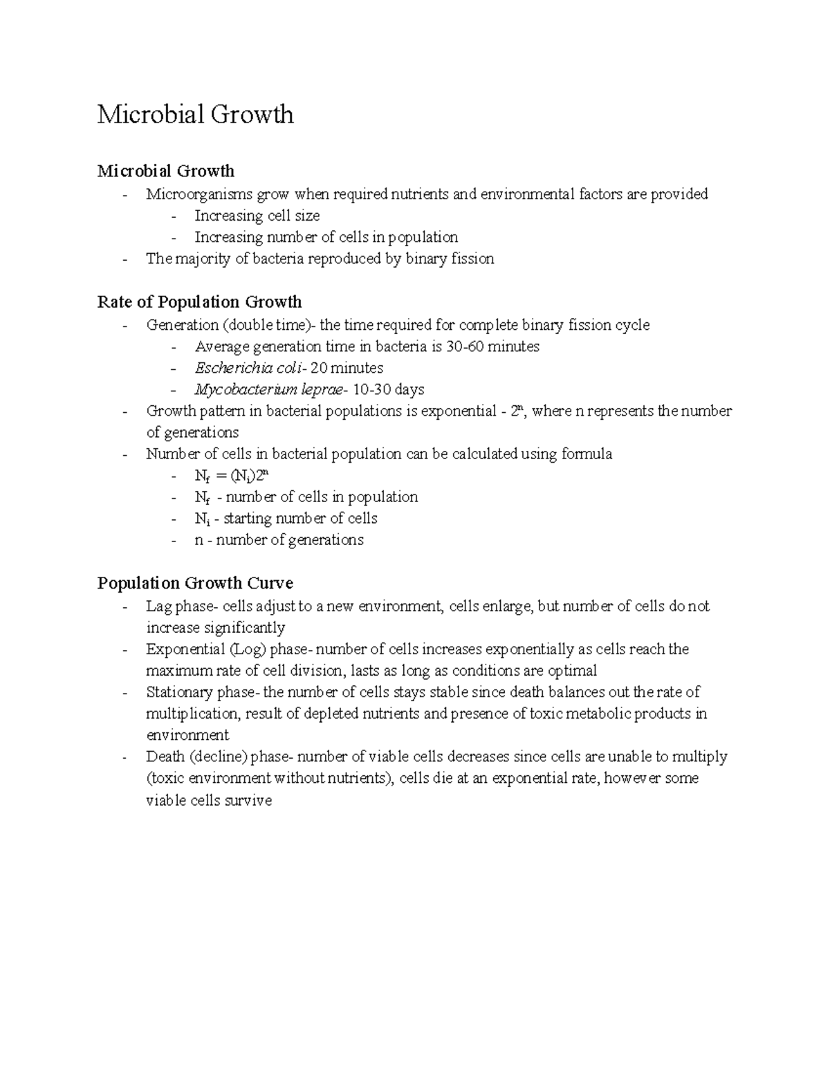 Microbial Growth - Lecture notes from Professor Radulovic - Microbial ...