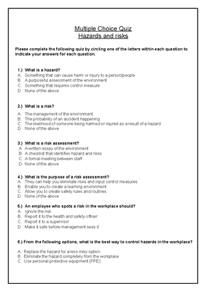 Multiple Choice Quiz - hazards and risk - Multiple Choice Quiz Hazards ...