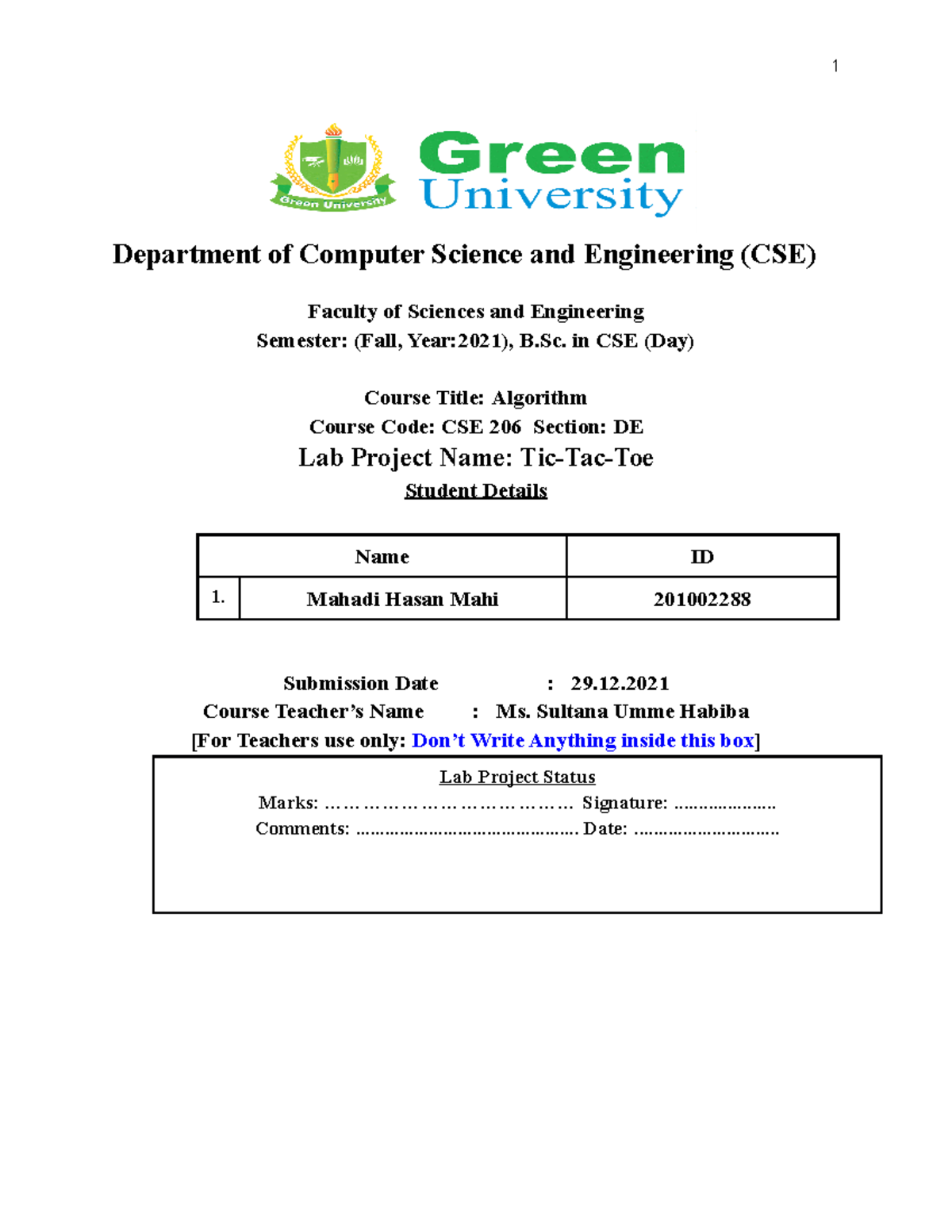 Algorithm lab short project - Department of Computer Science and ...