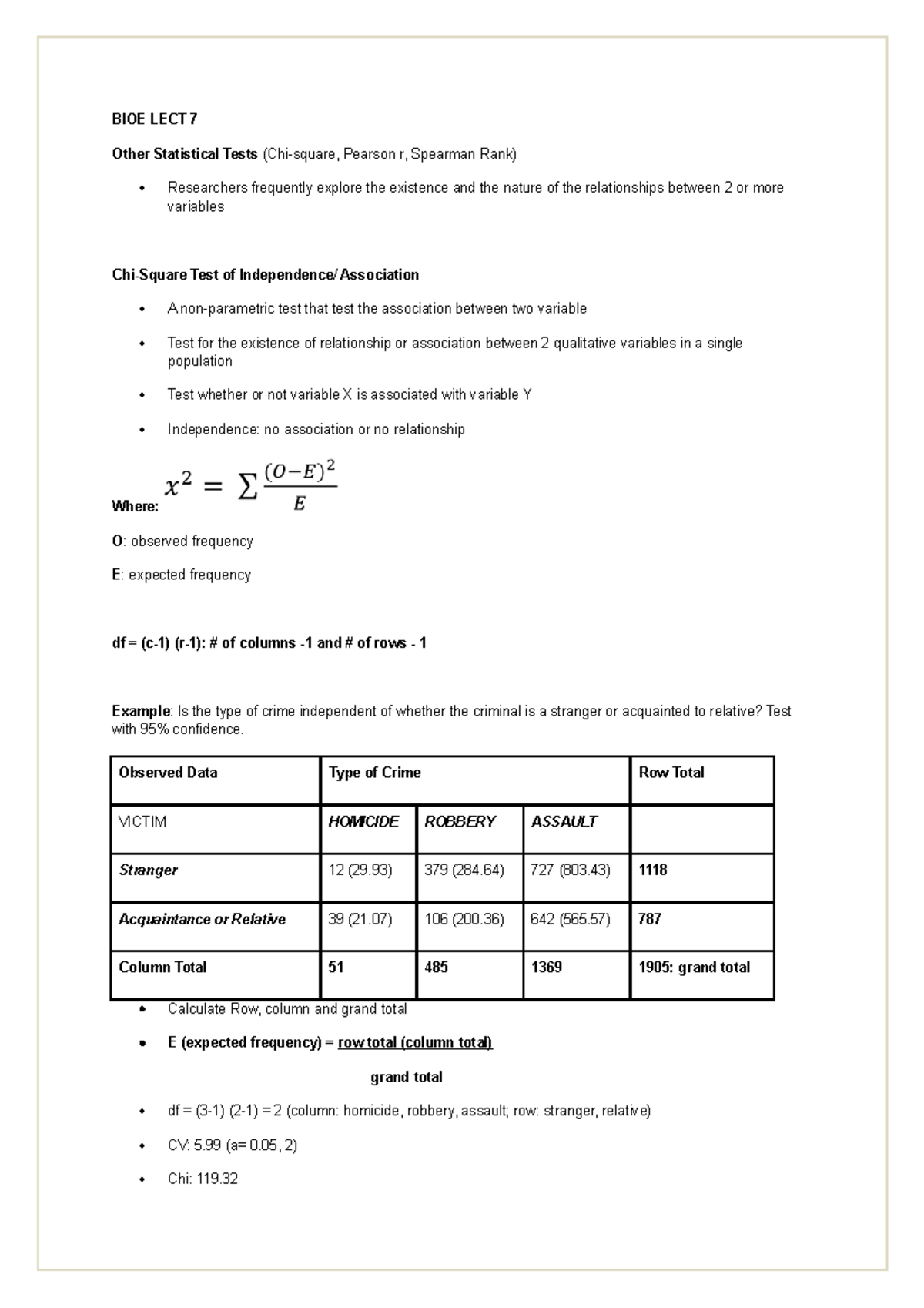 BIOE WEEK 10 - NOTES - BIOE LECT 7 Other Statistical Tests (Chi-square ...