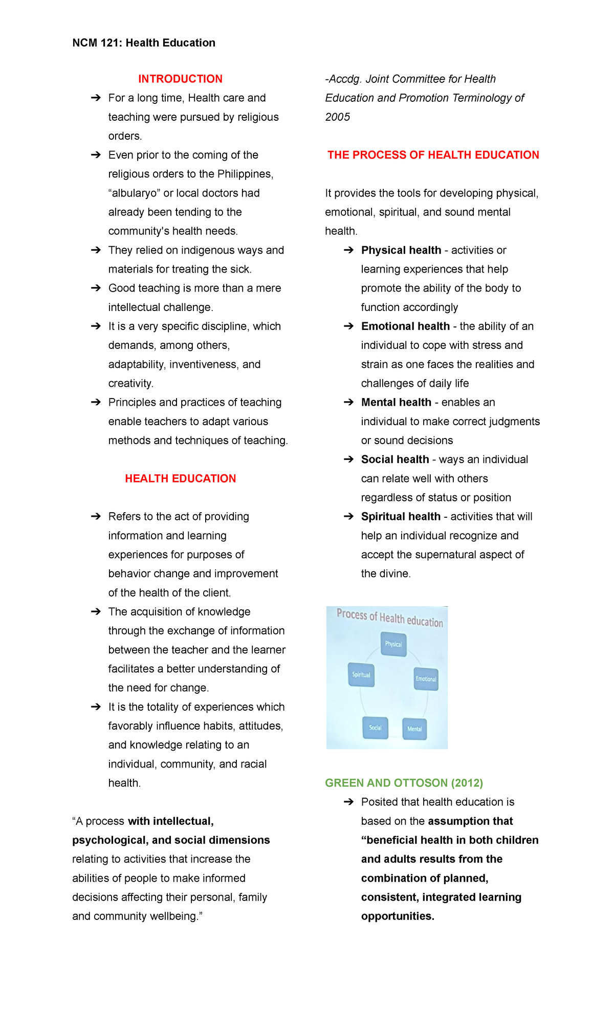 NCM 121Health Education 1 - INTRODUCTION For a long time, Health care ...