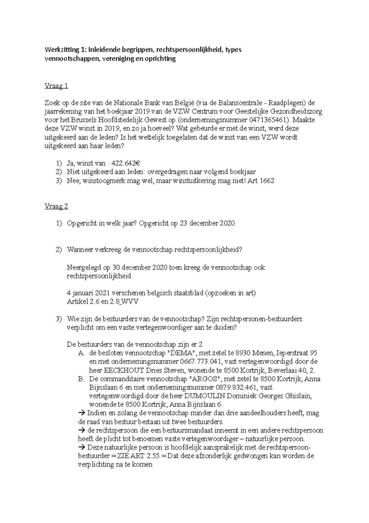WZ1 Vennootschapsrecht - Werkzitting 1: Inleidende begrippen ...