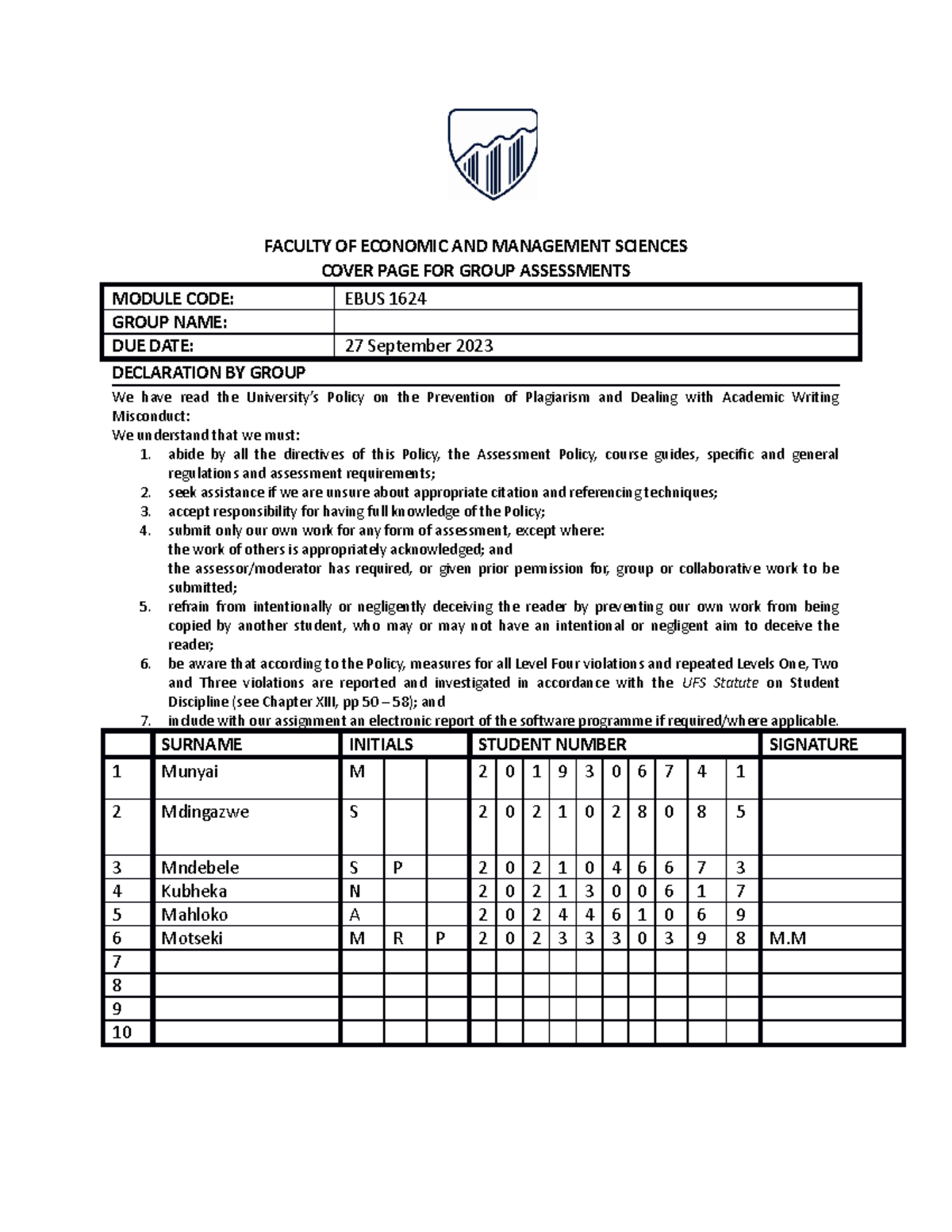 EBUS1624- Group Assignments - FACULTY OF ECONOMIC AND MANAGEMENT ...