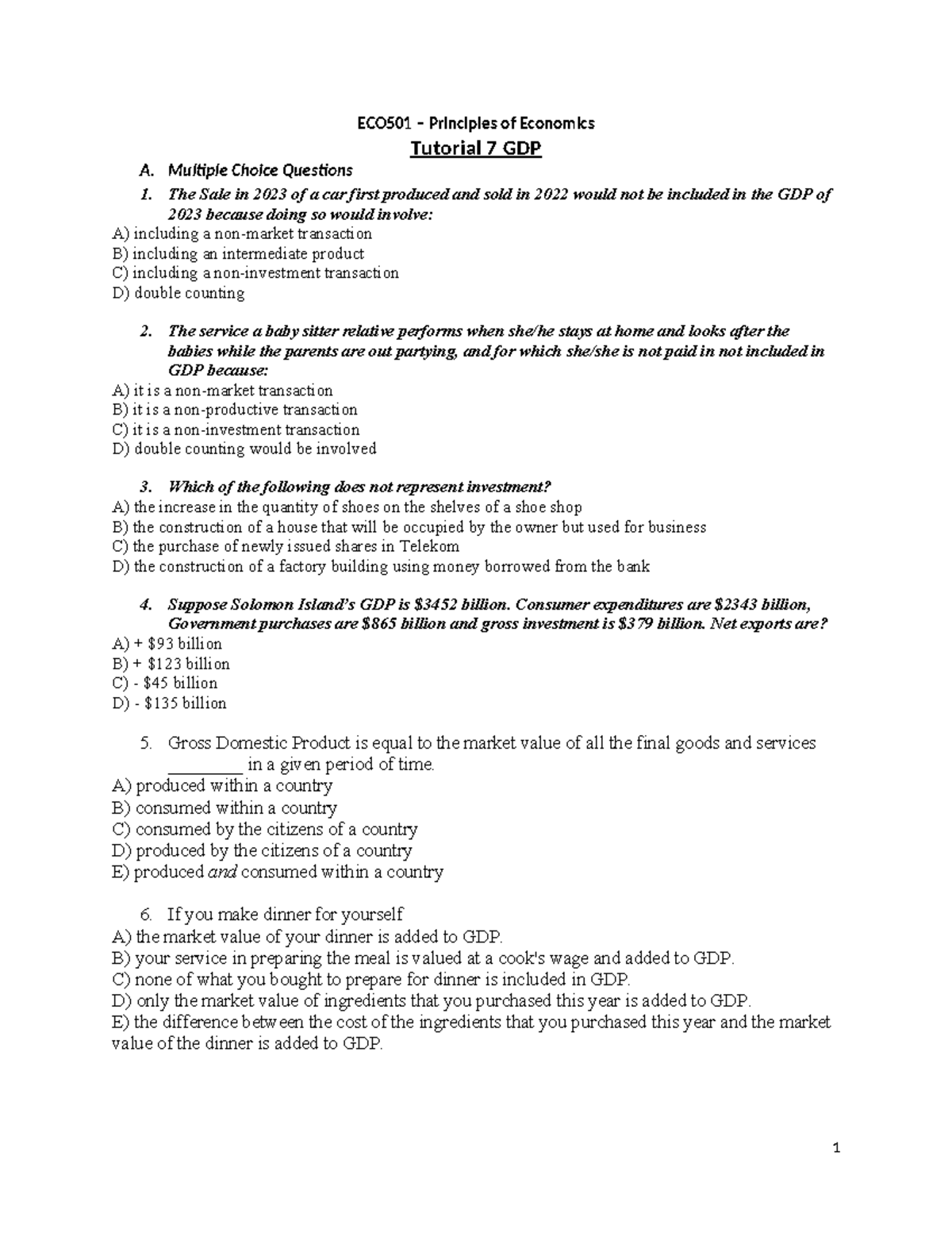 Tutorial 7 Questions - TUTRIOAL QUESTION - ECO501 – Principles of ...