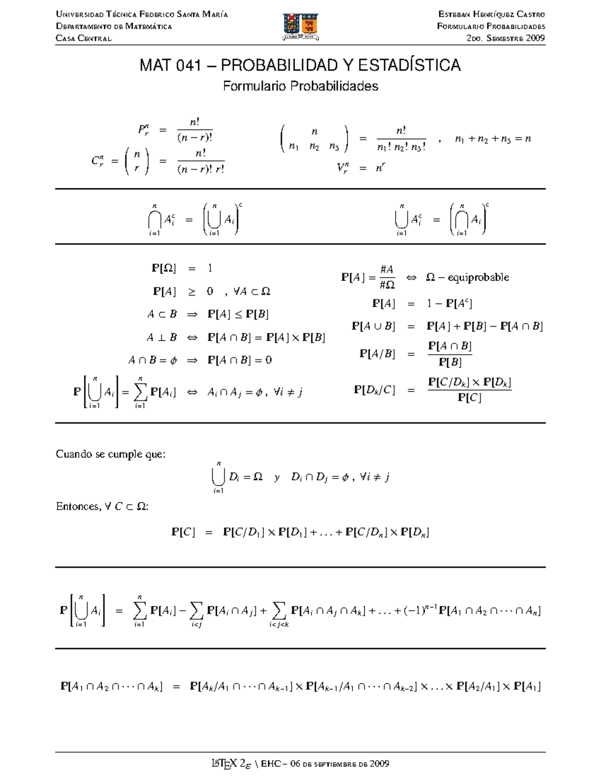 Formulario probabilidad - Universidad T´ecnica Federico Santa Mar´ıa Departamento de Matem´atica ...