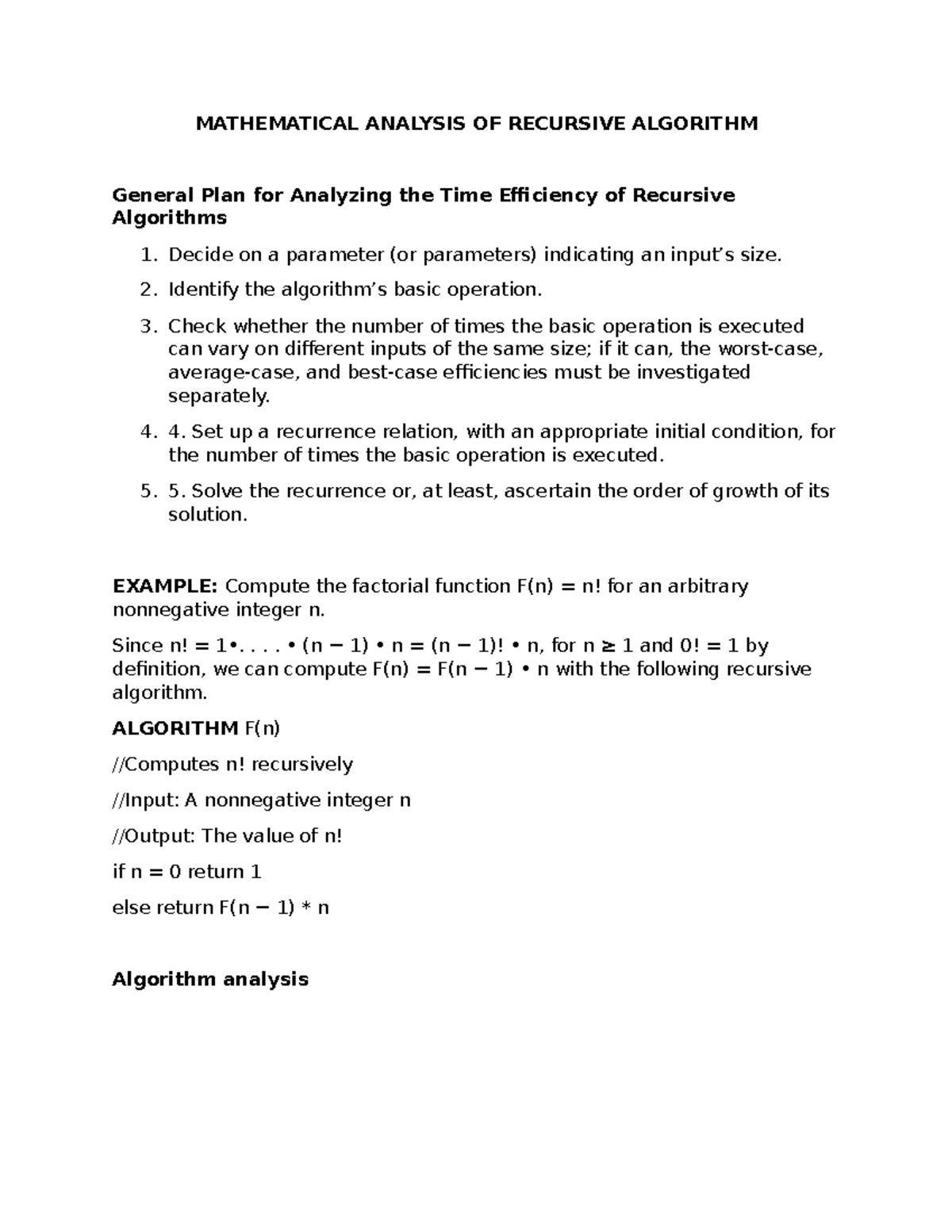 Mathematical Analysis OF Recursive AND NON Recursive Algorithm