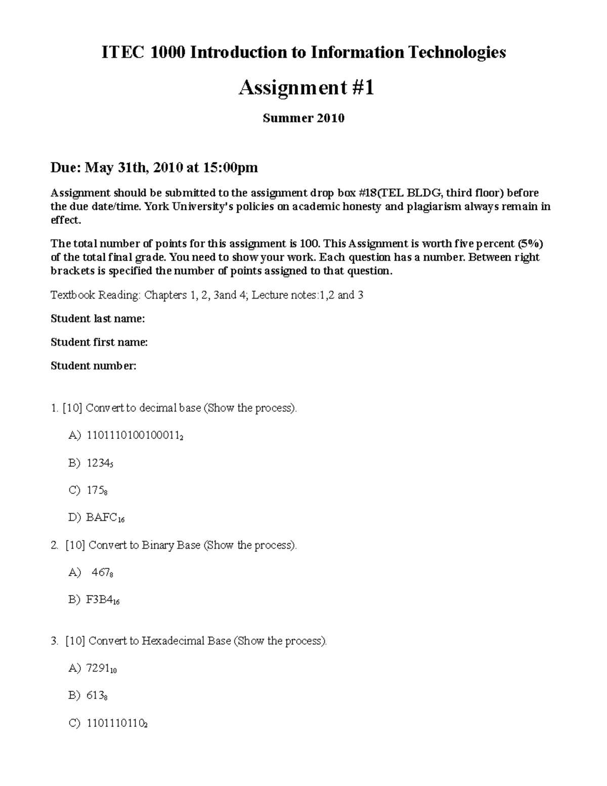 A1-1010 - School of Information Technology - itec1000 - Yorku - Studocu