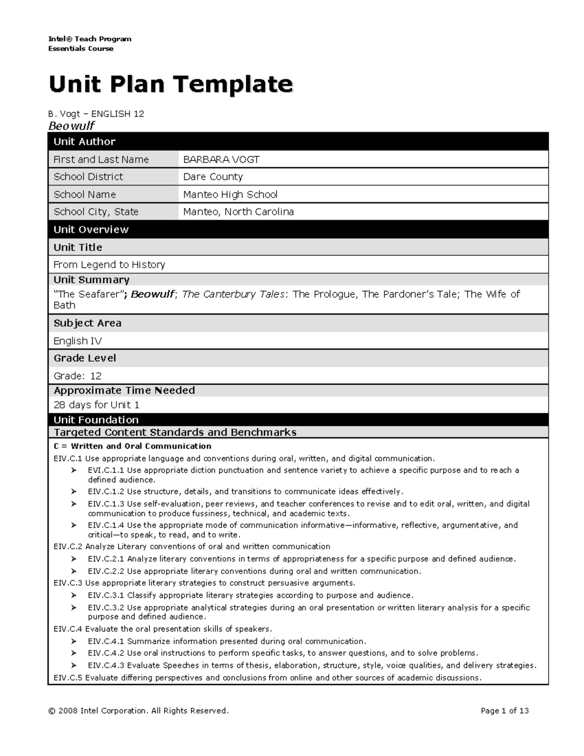 Unit Plan Example - Essentials Course Un Uniitt PPllaann ...