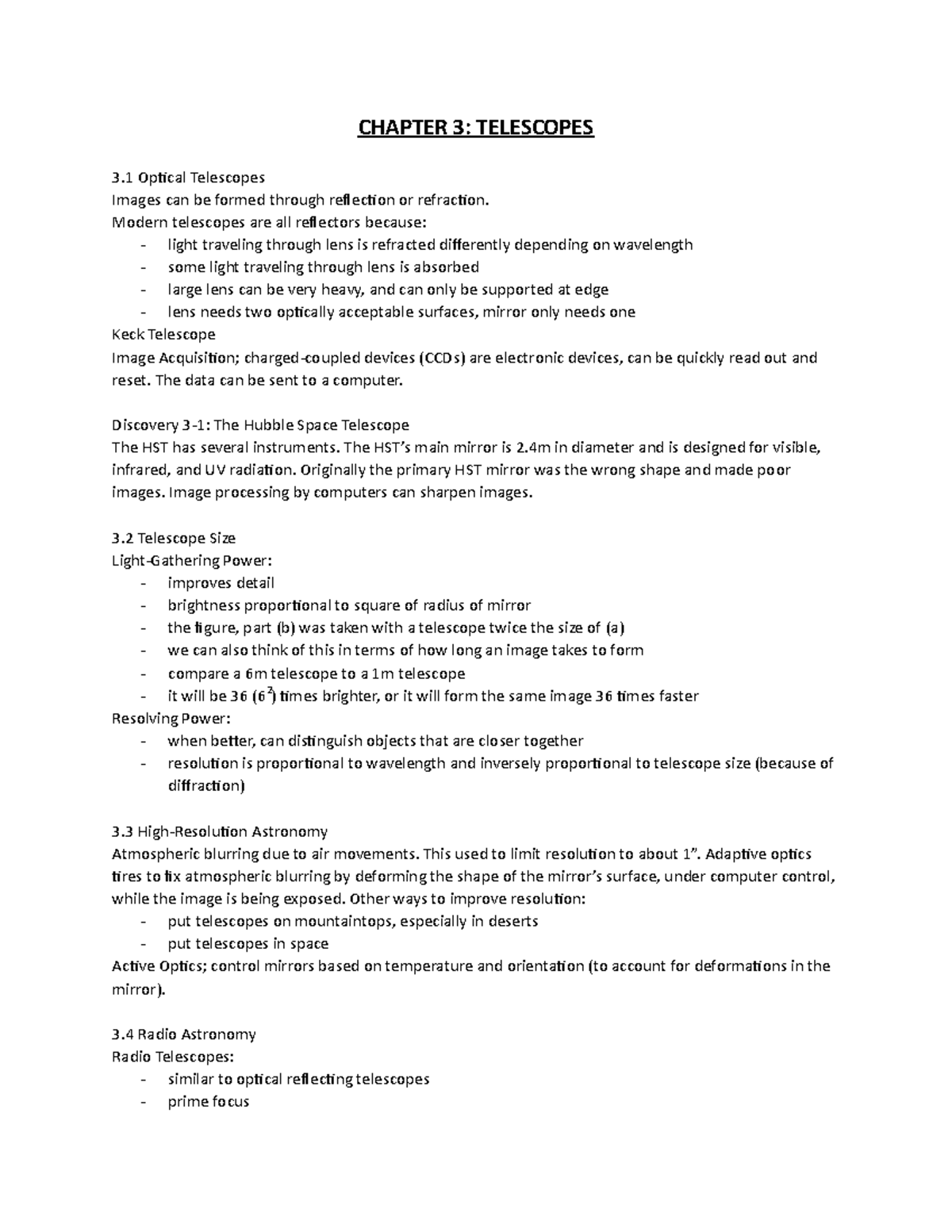 Chapter 3 Notes - Prof: Mark Lubrick - CHAPTER 3: TELESCOPES 3 Optical ...