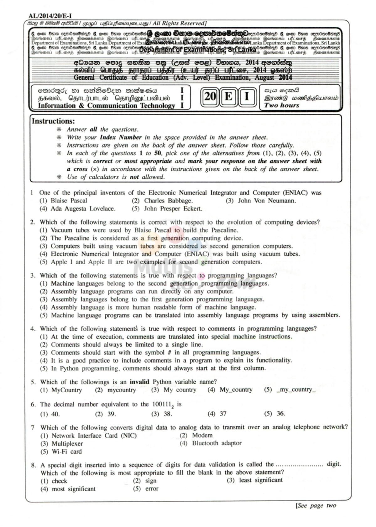Advanced Level ICT 2014 - English Medium - EDU4SIT - Studocu