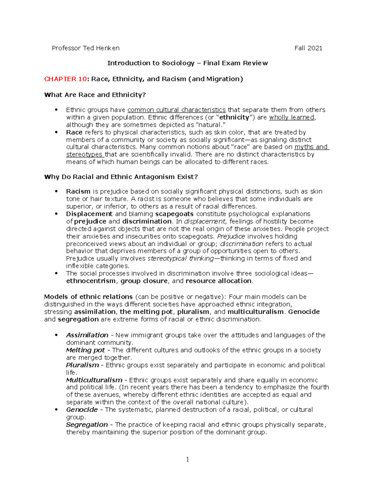 Final Exam Review (Intro to SOC - Fall 2021) - Professor Ted Henken ...