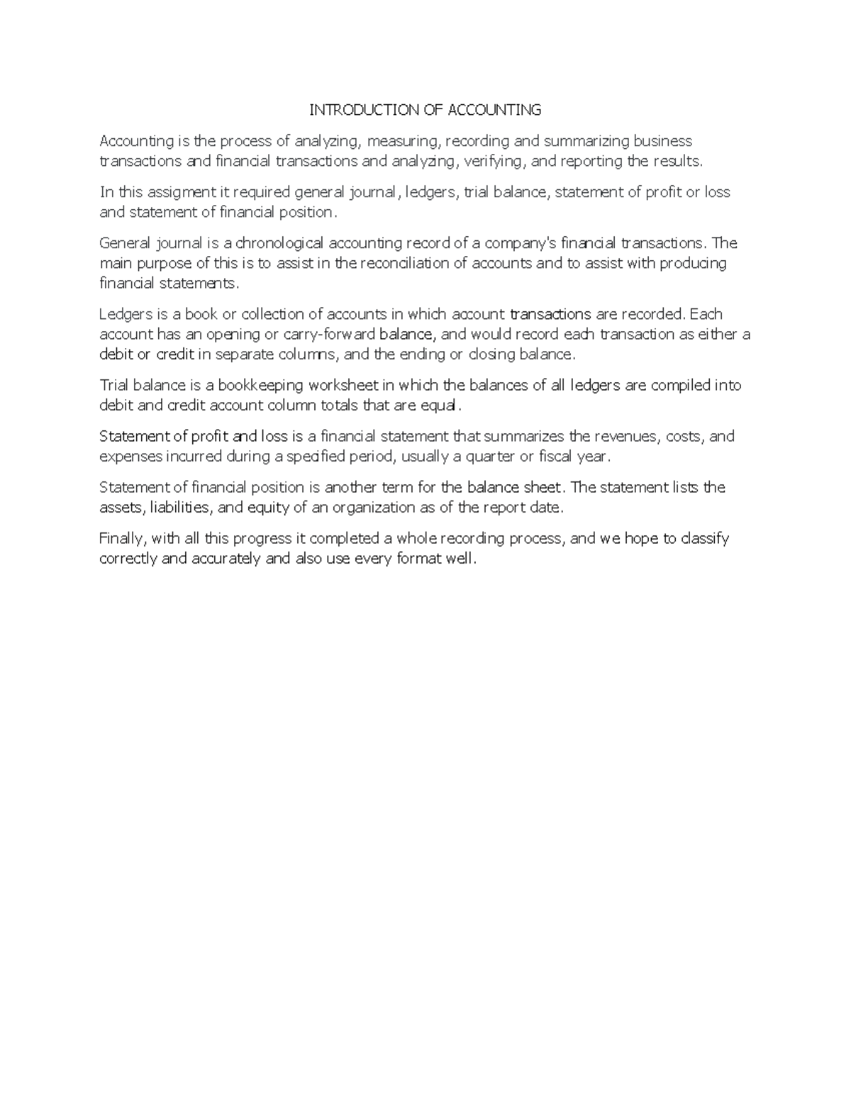 Introduction Assignment Account - Copy - INTRODUCTION OF ACCOUNTING ...