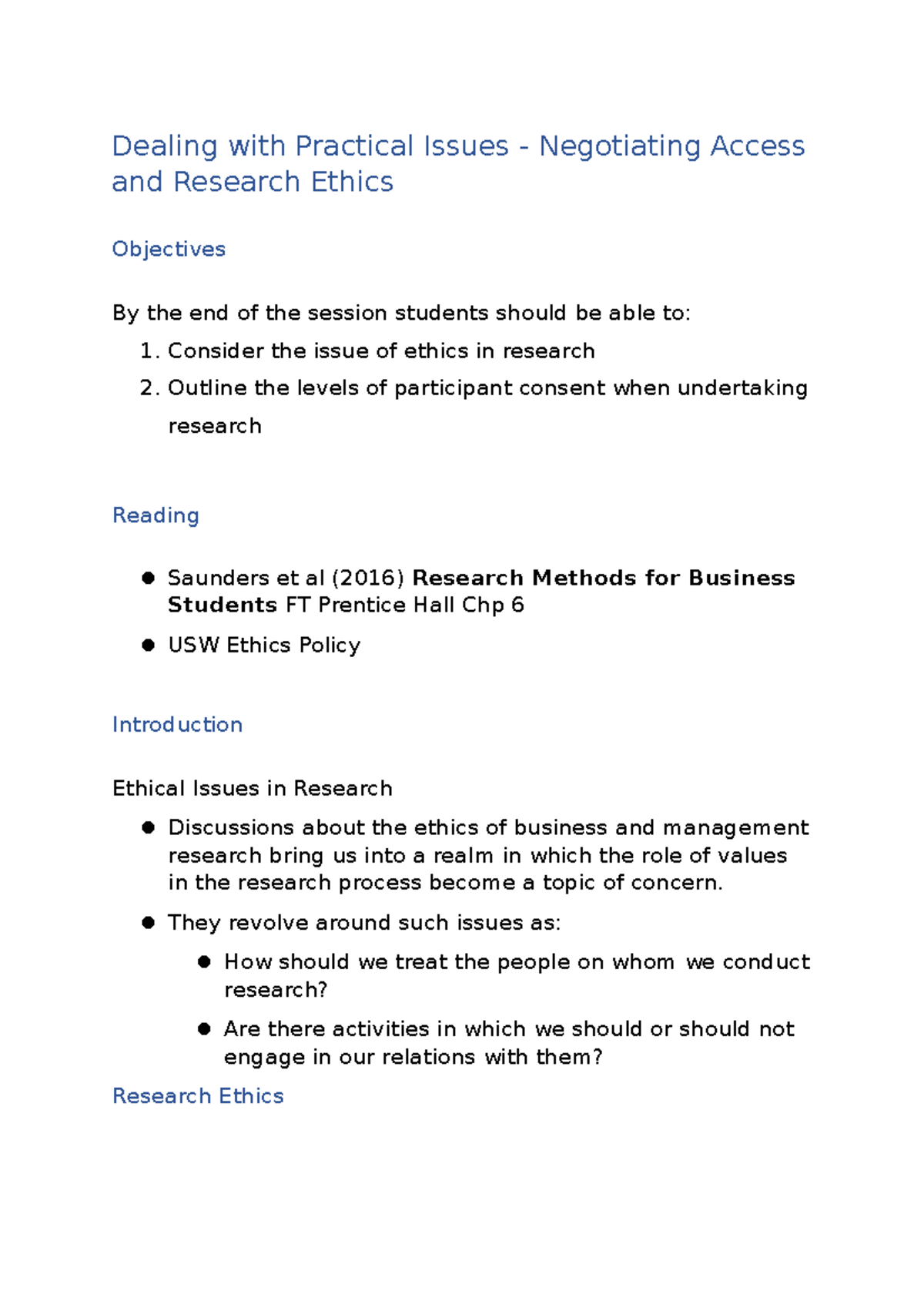 Reserach Methods Lecture 6 - Dealing with Practical Issues ...