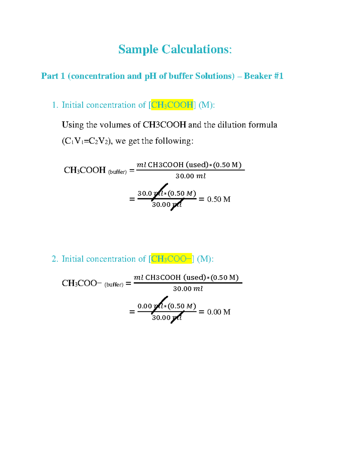 Sample Calculations- experiment 3 - Sample Calculations : Part 1 ...