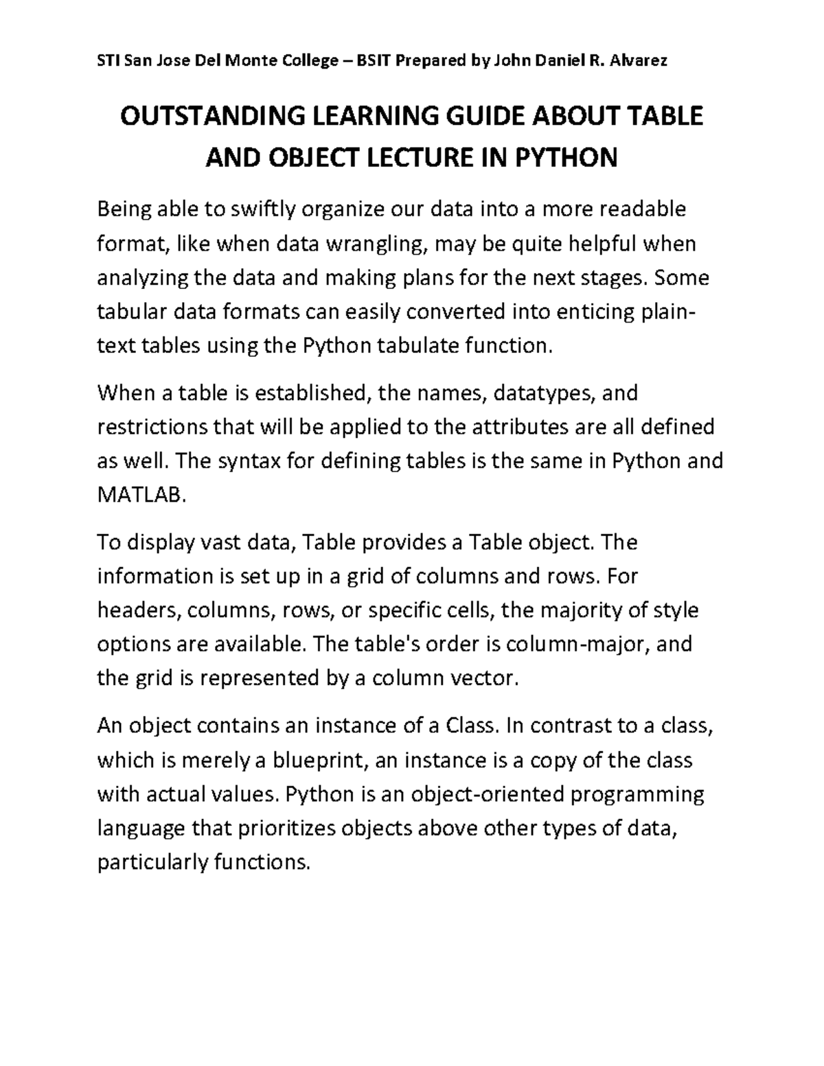 Outstanding Learning Guide About Table and Object Lecture in Python ...