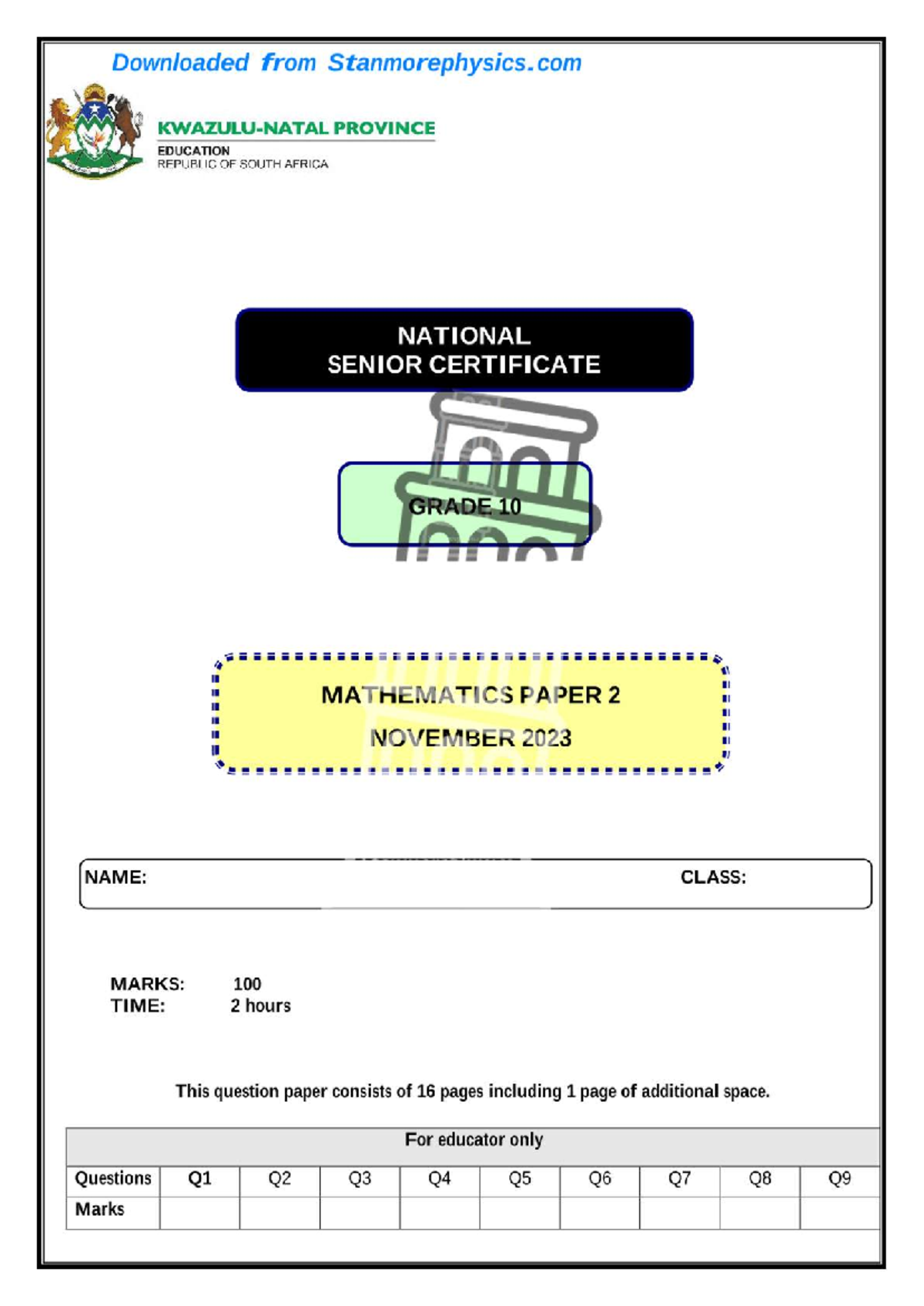 Maths Grade 10 November 2023 P2 and Memo - Downloaded from ...