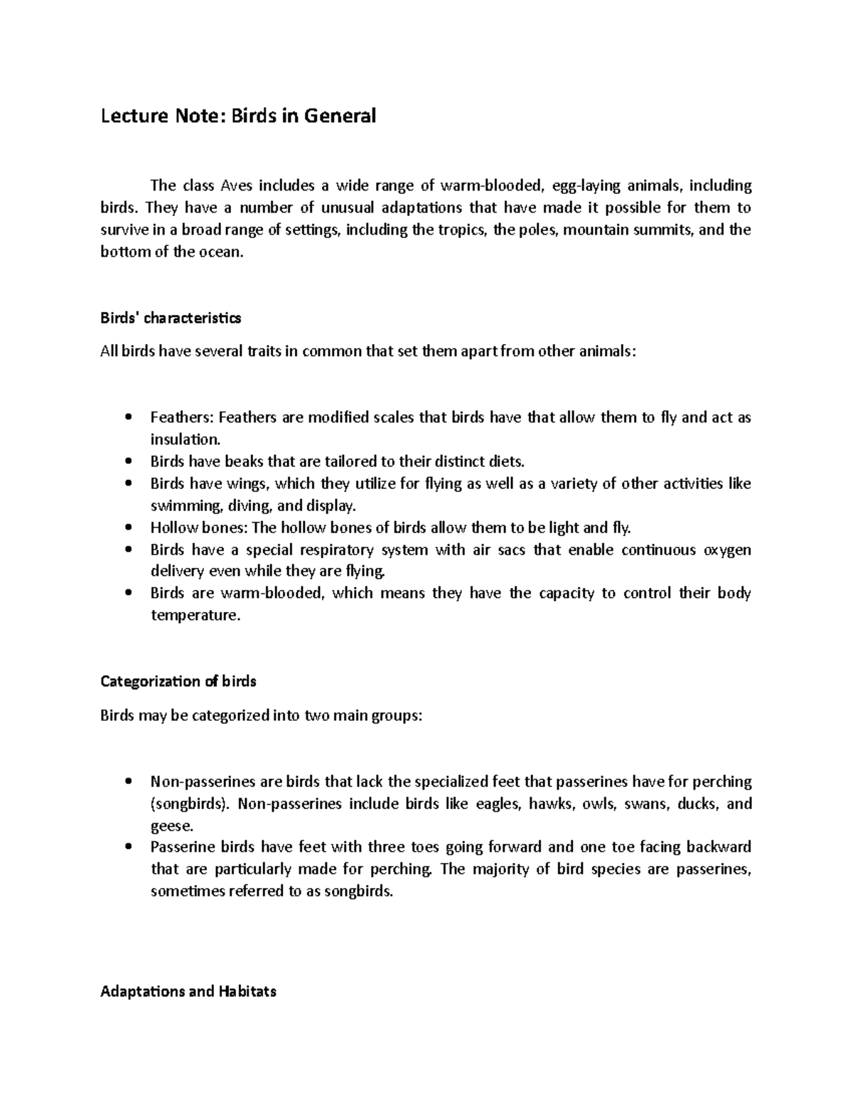Lecture Notes - Birds - Lecture Note: Birds in General The class Aves ...