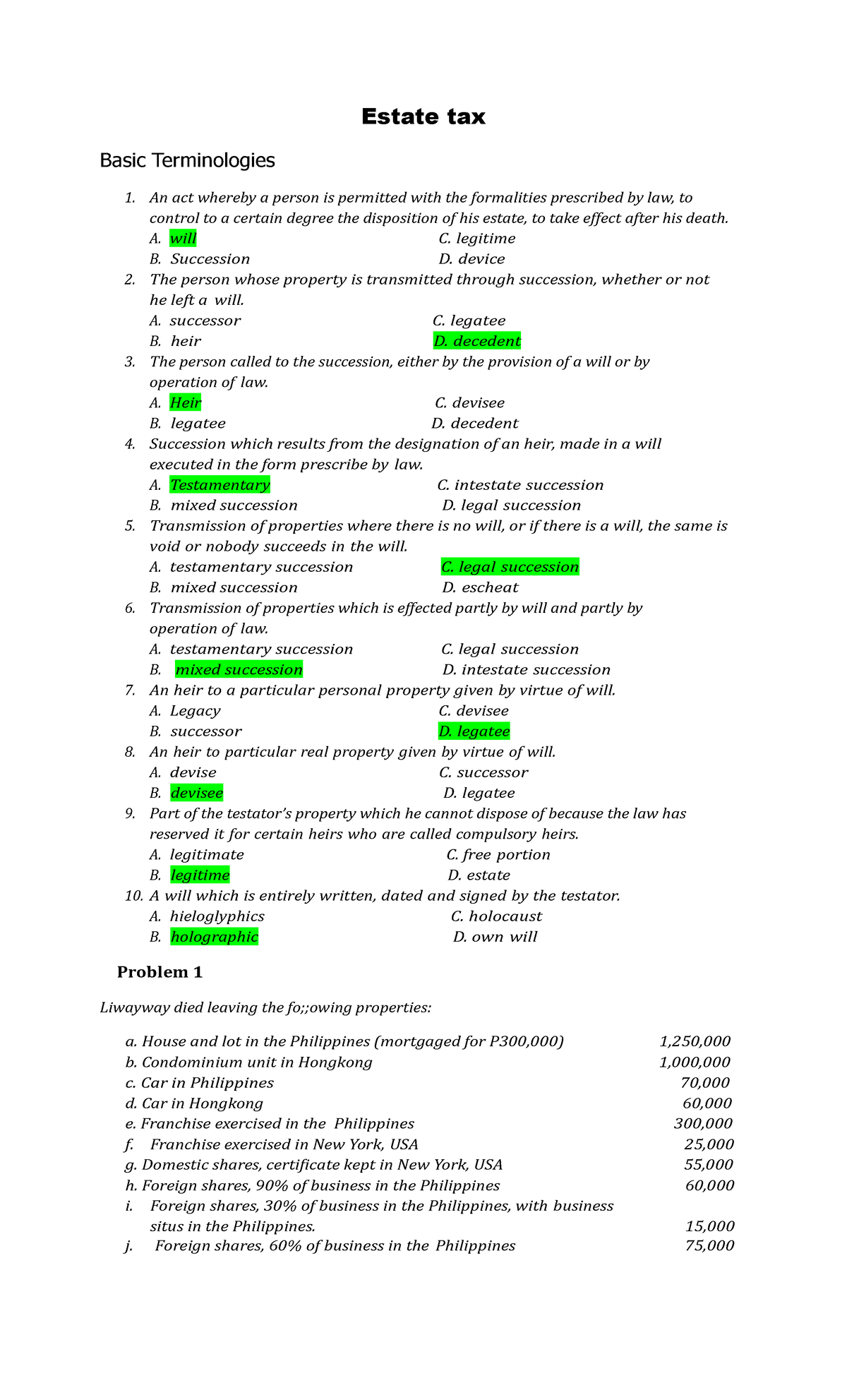 Business and transfer taxes - Estate tax Basic Terminologies 1. An act ...