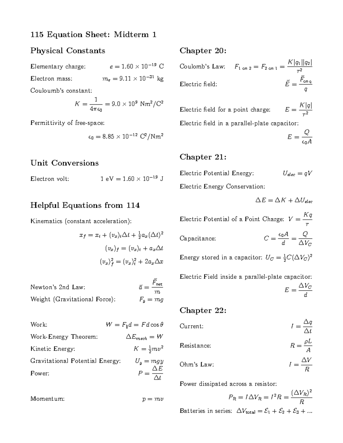 115 Equation Sheet - practice - 115 Equation Sheet: Midterm 1 Physical Constants Elementary ...