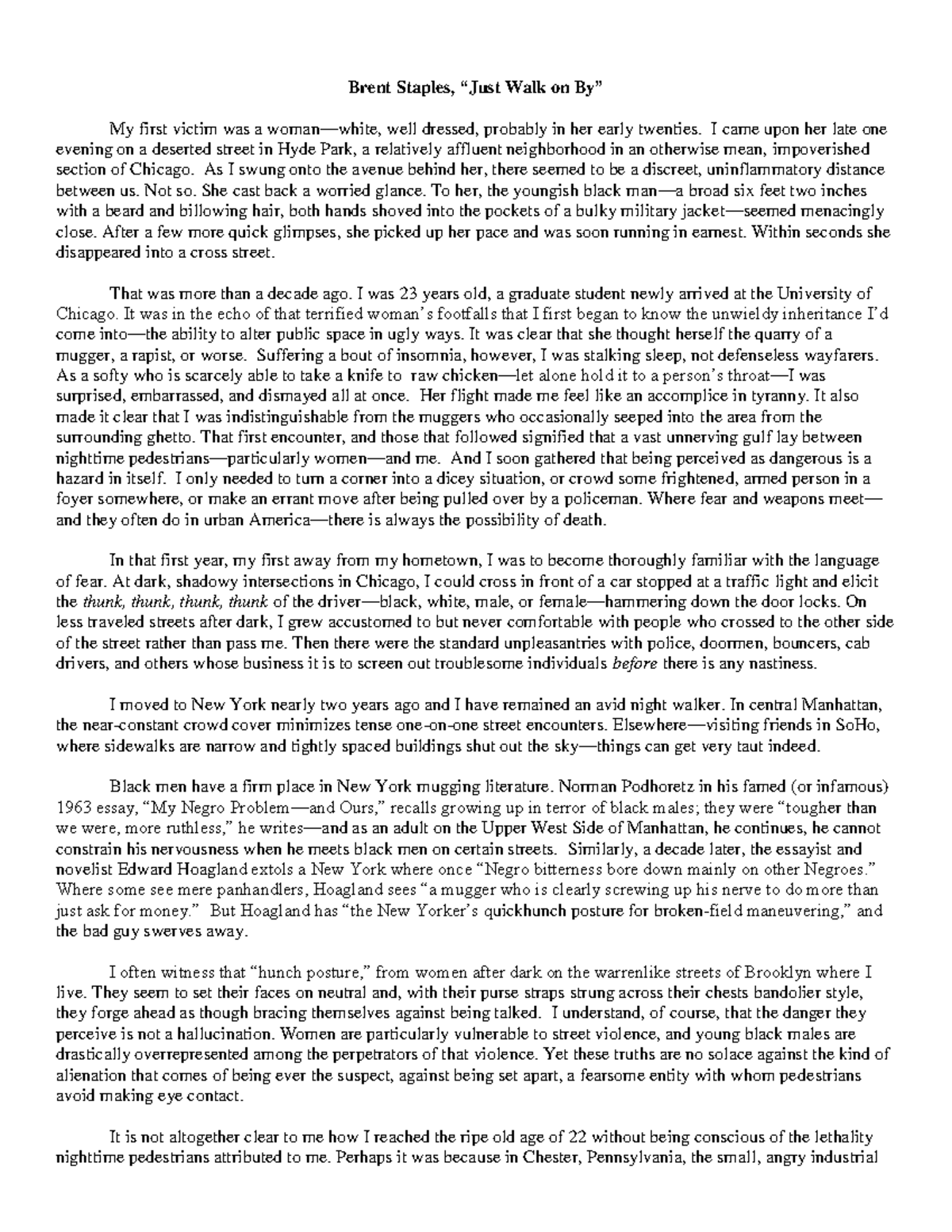 Just+Walk+on+By+%281%29 - Brent Staples, “Just Walk on By” My first ...