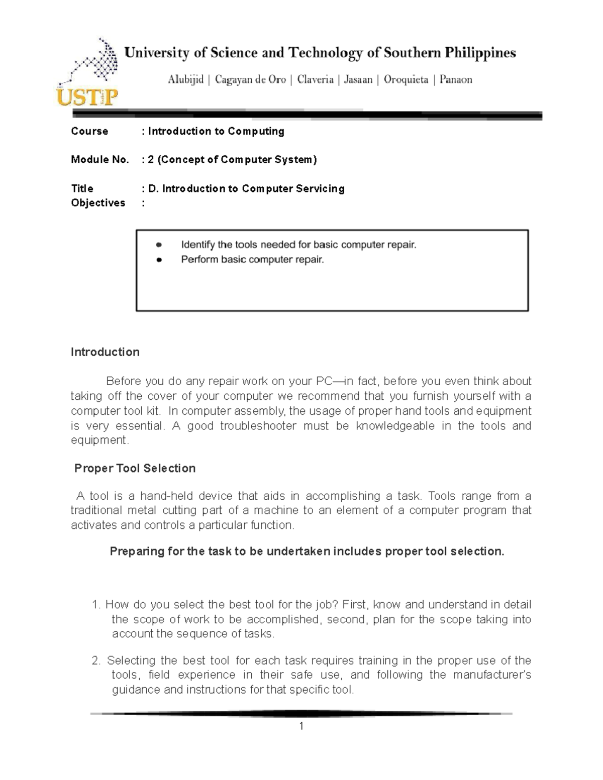 Introducing to Computer Servicing - Course : Introduction to Computing ...