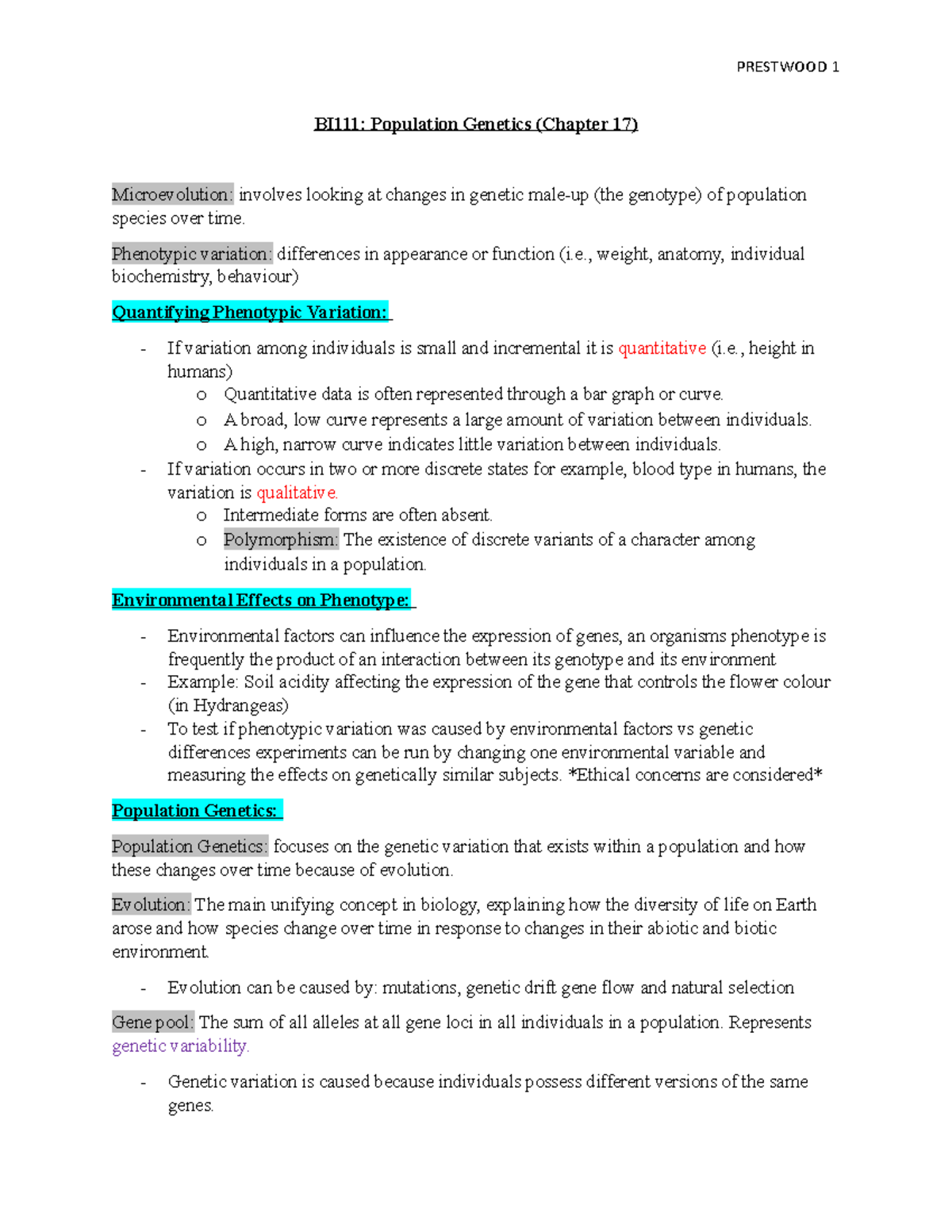 BI111 Week 2- Population Genetics - PRESTWOOD 1 BI111: Population ...
