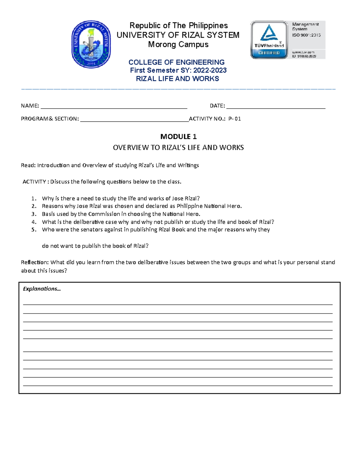 Rizal Course Activity NO. 1 - Republic of The Philippines UNIVERSITY OF ...
