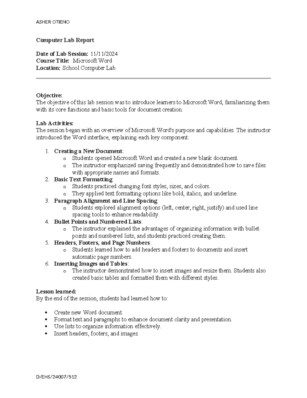 Computer Lab Report Asher Otieno Computer Lab Report Date Of Lab Session 1111 Course Title 
