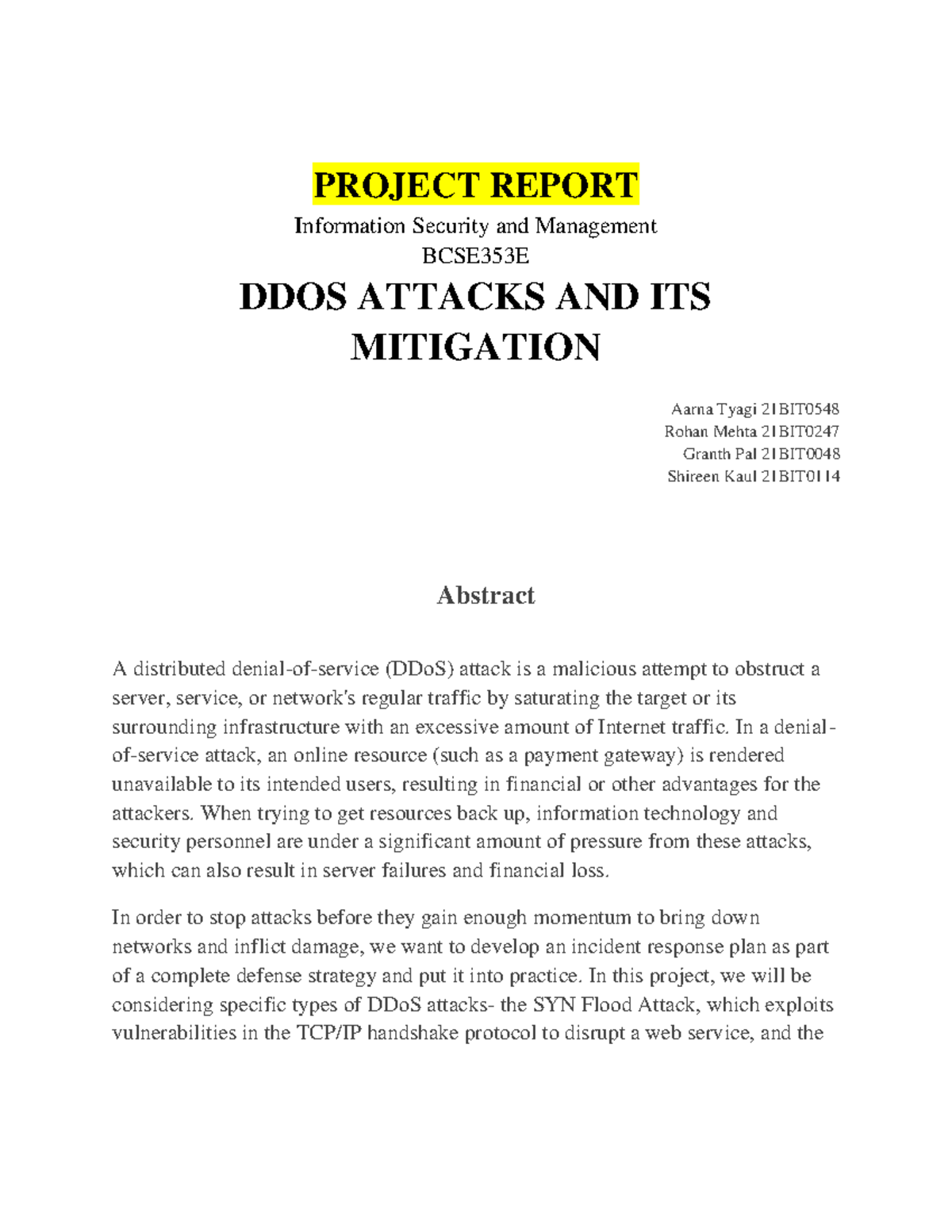 Ism updated-compressed - PROJECT REPORT Information Security and Management BCSE353E DDOS ...