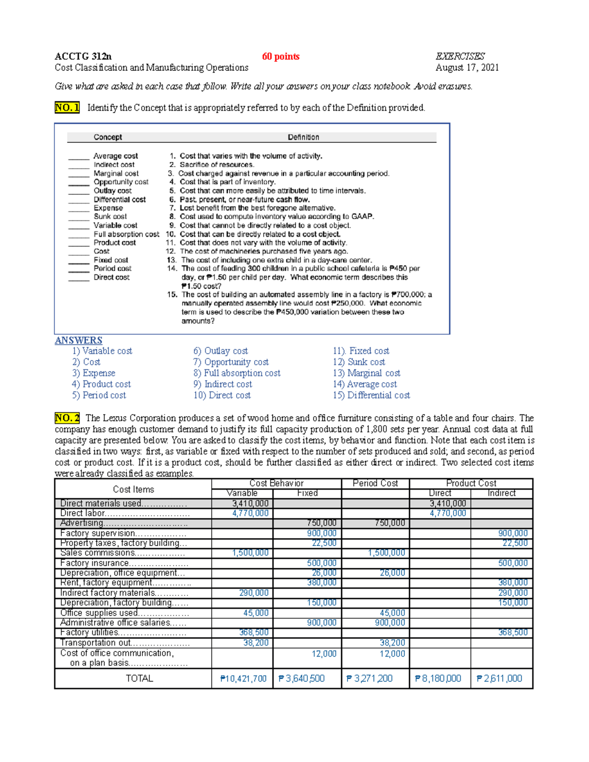 Answers to 8 17 Exercises of cost accounting subject - ACCTG 312n 60 ...