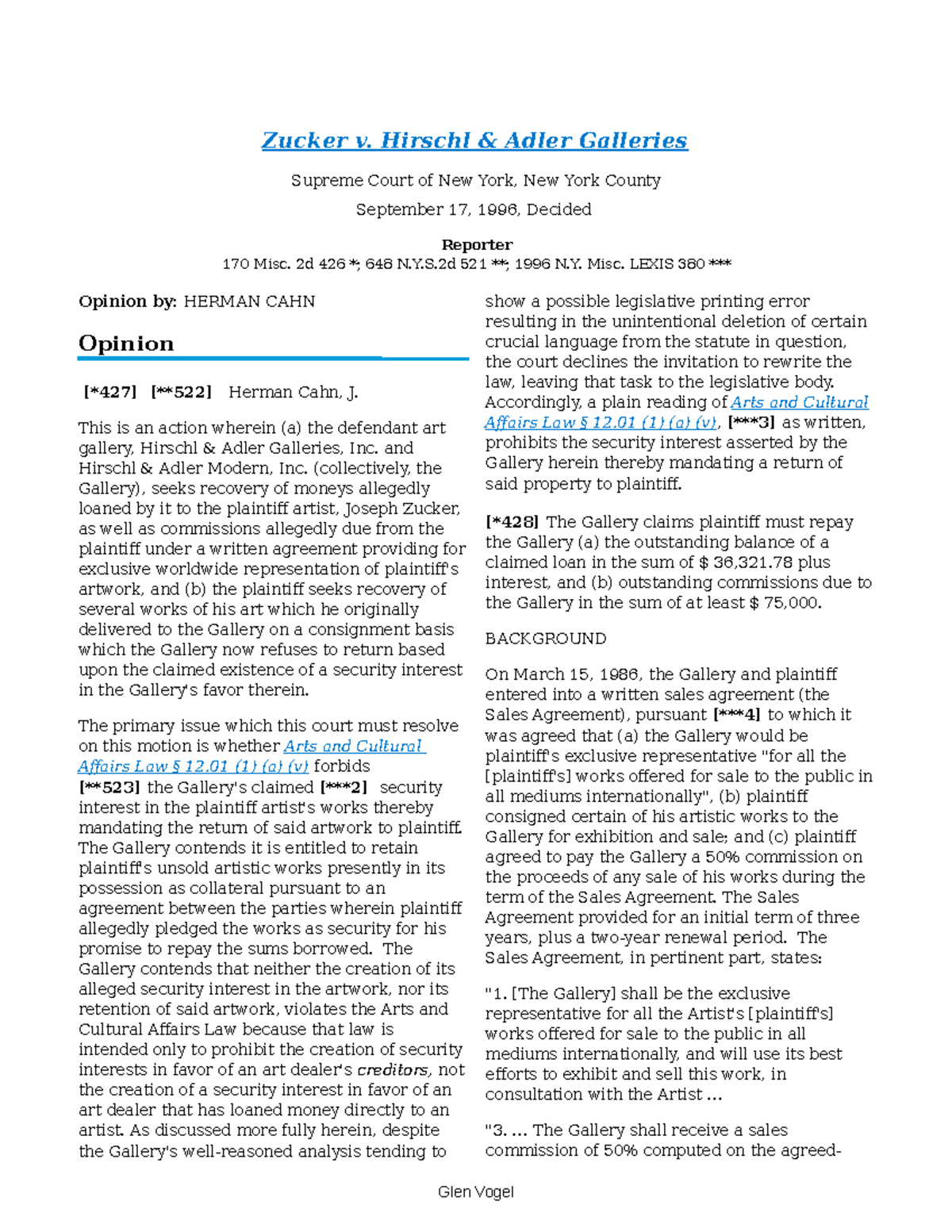 Zucker v. Hirschl Adler Galleries - Zucker v. Hirschl & Adler Galleries ...