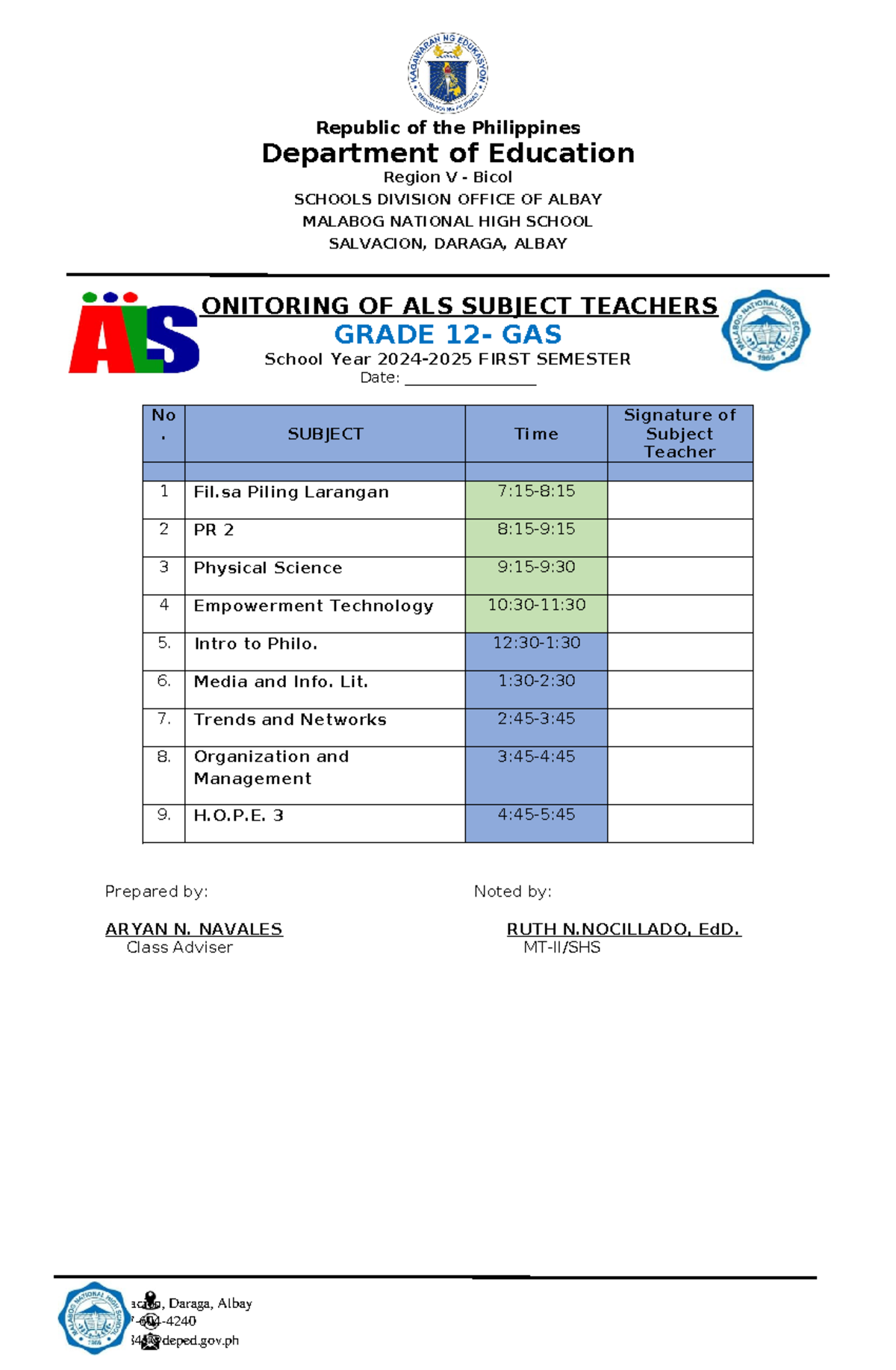 ALS G12 Teacher Monitoring - Republic of the Philippines Department of ...