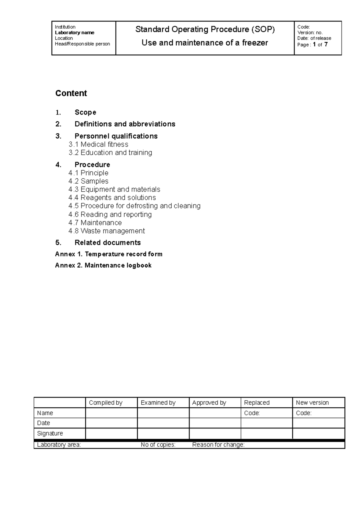 14 Freezer fin - sop - Laboratory name Location Head/Responsible person ...