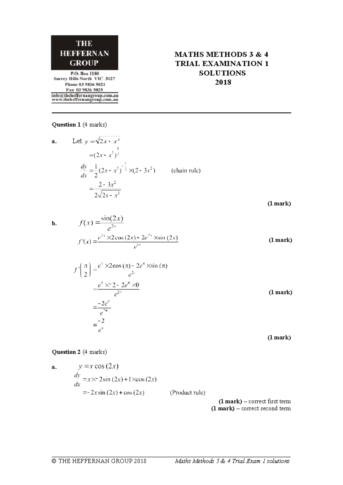 2018 Maths Methods Units 3 & 4 Exam 1 solutions 2 - MATHS METHODS 3 & 4 ...