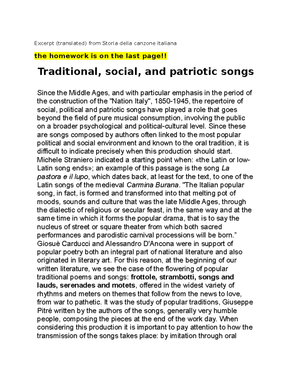 Italian Homework 3-1 - Excerpt (translated) from Storia della canzone ...