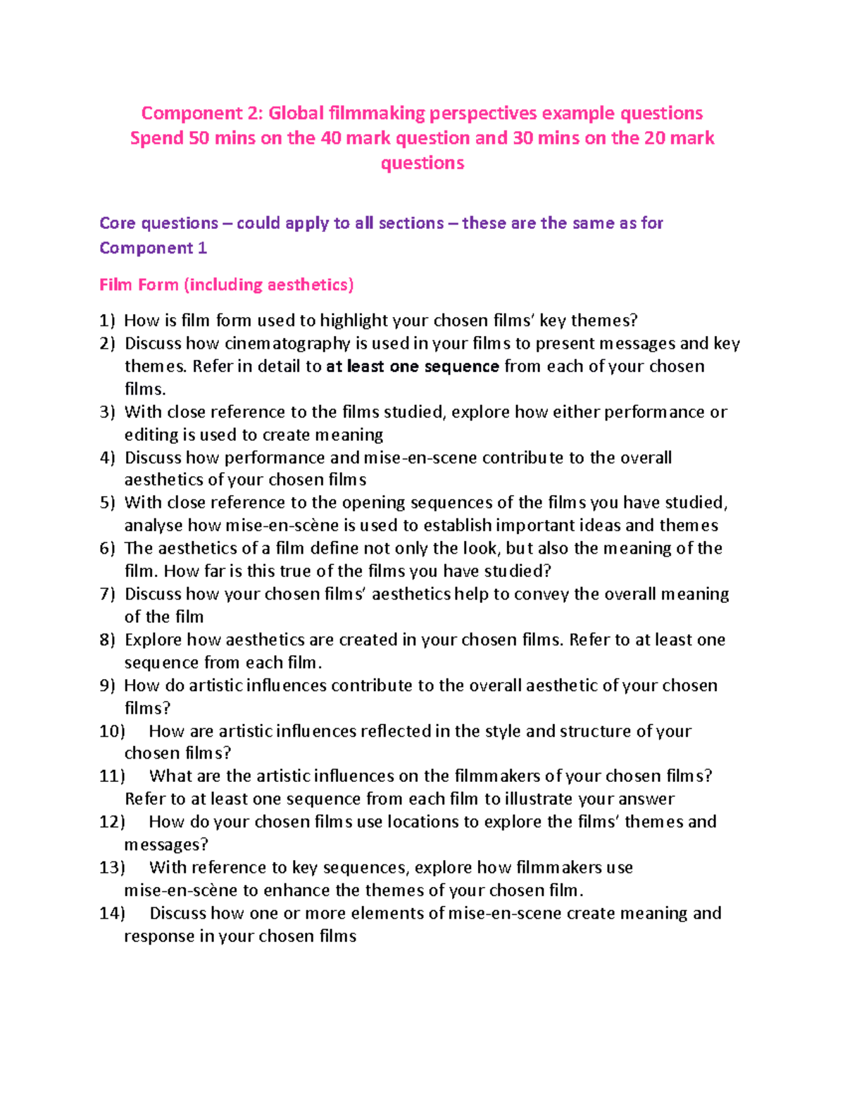 Film Component 2 example questions - Component 2: Global filmmaking ...