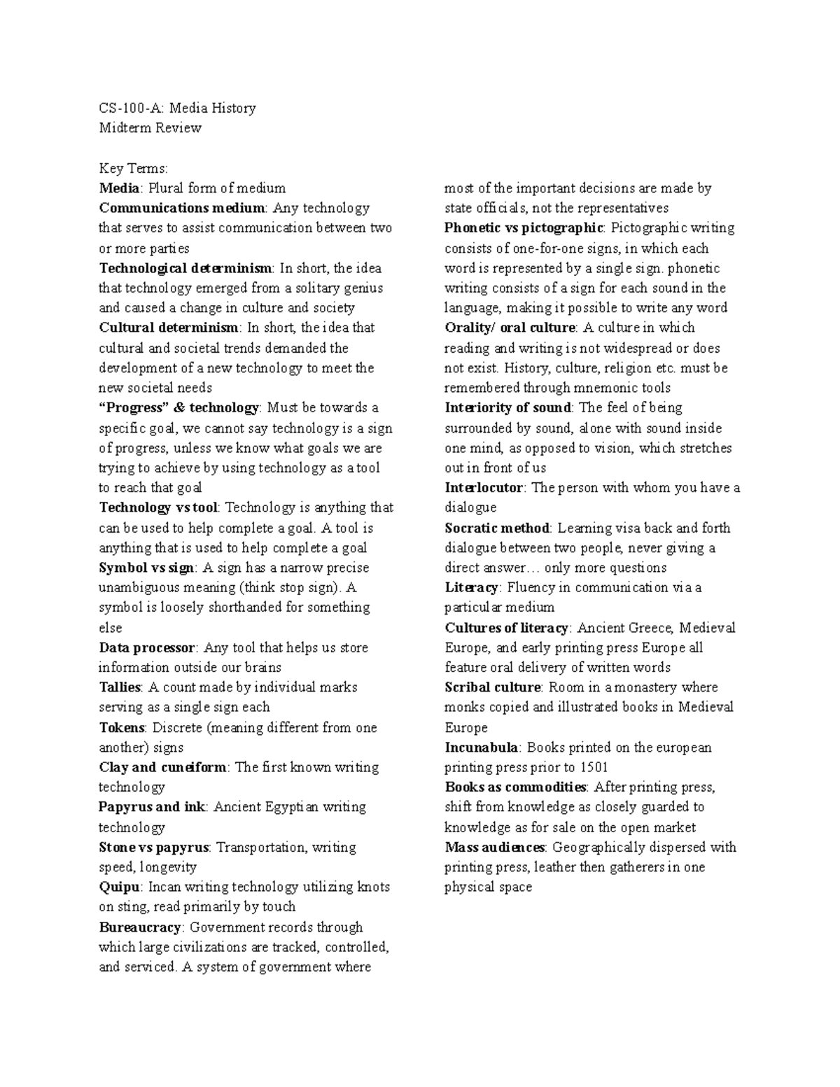CS 100 Midterm notes for upload - CS-100-A: Media History Midterm ...