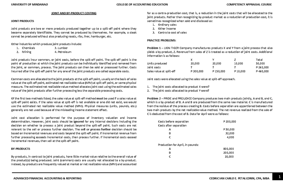 S02 - Joint and By-Product Costing, Activity Based Costing, and ...