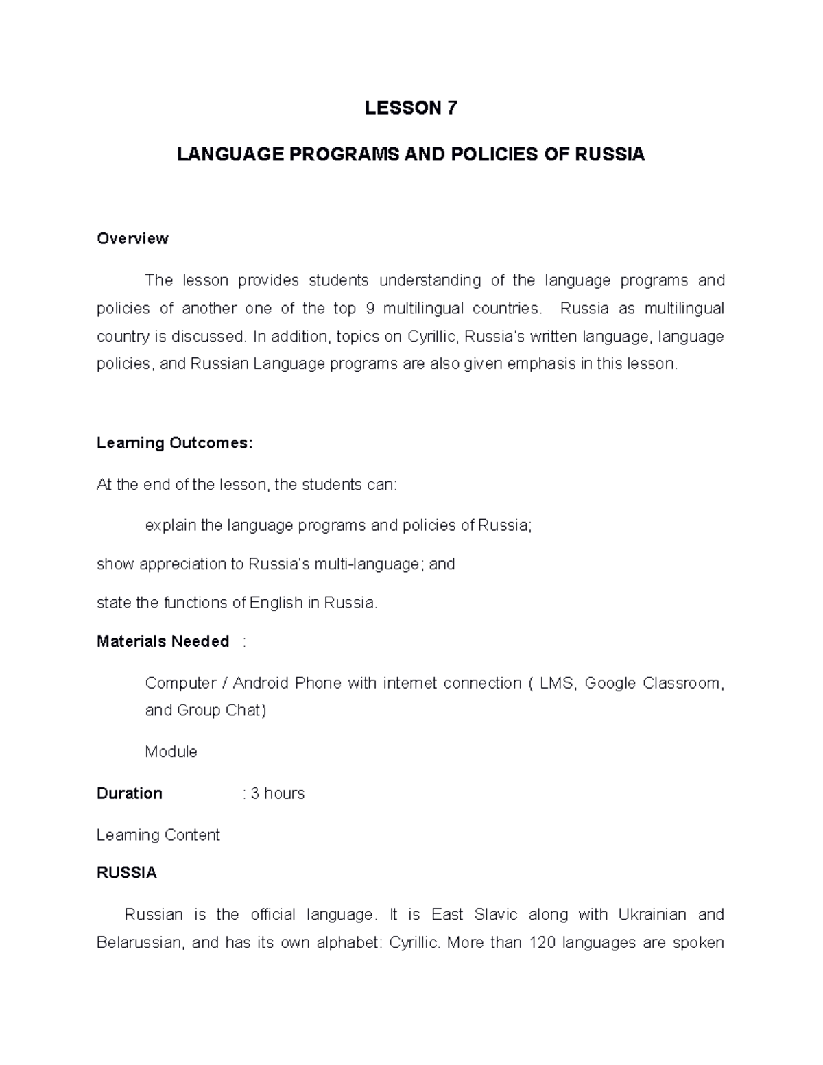 Lesson 7 - Nothing - LESSON 7 LANGUAGE PROGRAMS AND POLICIES OF RUSSIA ...
