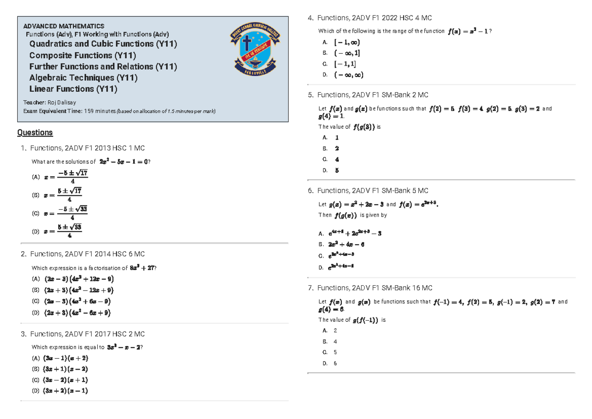 HSC Functions Q - Grade 11 Term 1 revision/study/practice material for ...