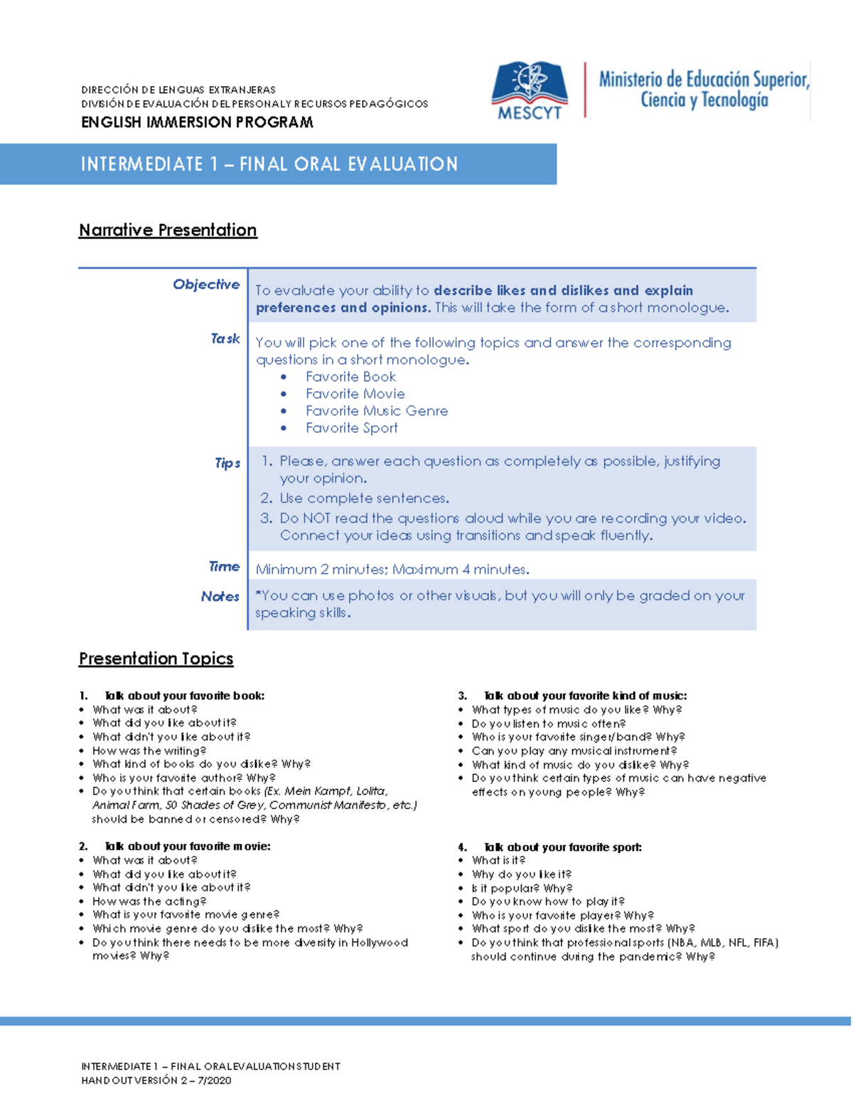 INT 1 - Final Oral Eval Student Handout - DIRECCIÓN DE LENGUAS ...